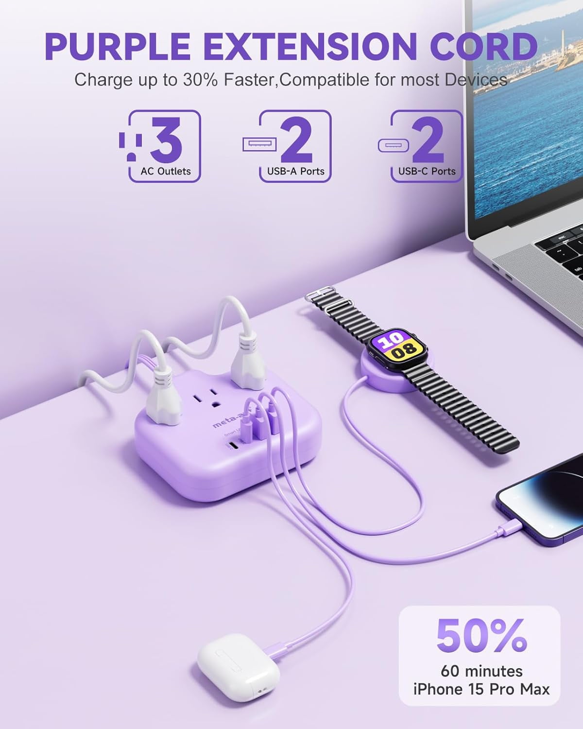 YTGRF-Purple Travel Power Strip - 5Ft Short Extension Cord with 3 AC ...