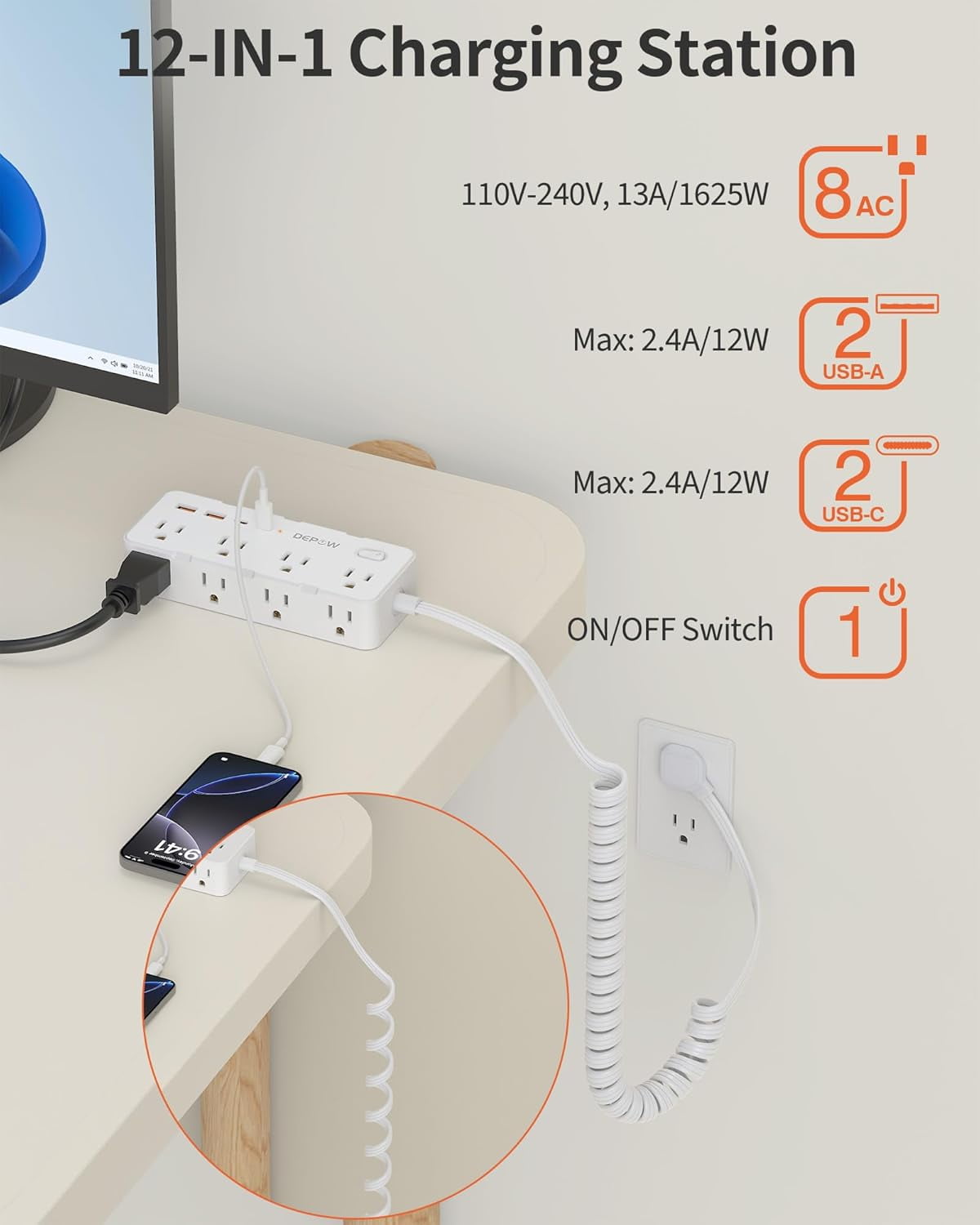 YTGRF-Retractable Power Strip with Surge Protection - Spring Extension ...