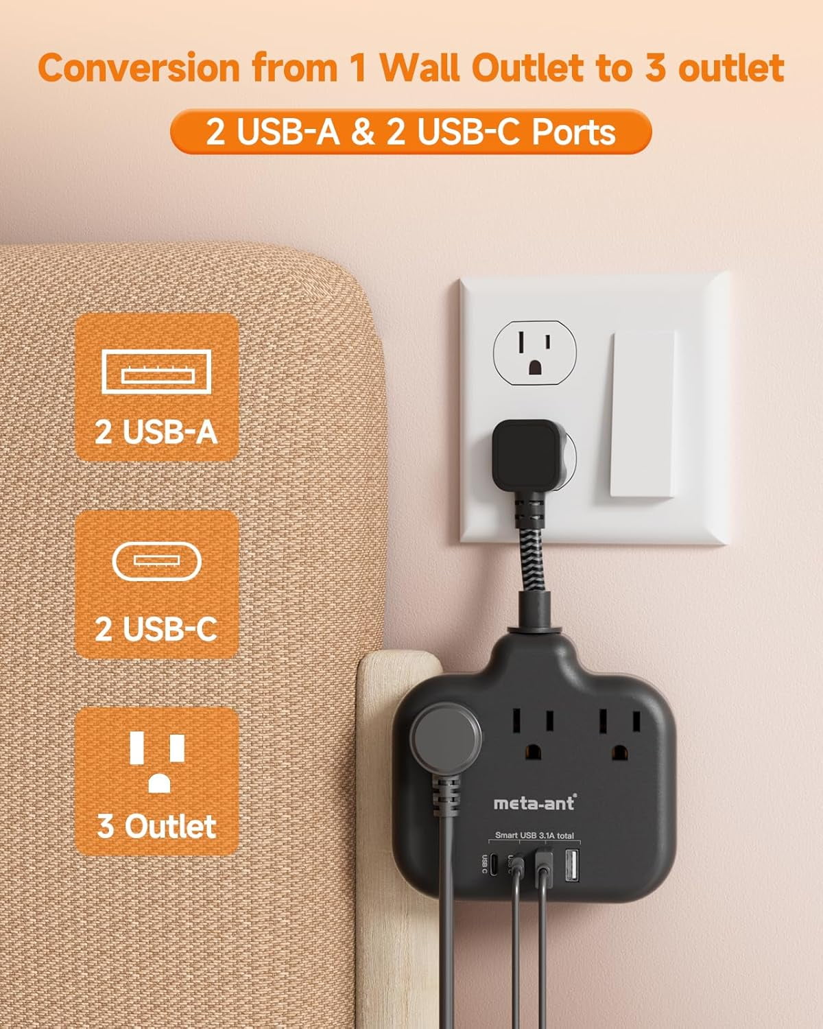 YTGRF-Short Extension Cord 2 inch, Short Cord Power Strip with 3 ...