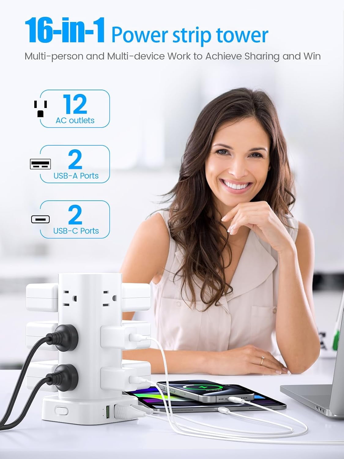 YTGRF-Tower Power Strips with Surge Protection, 6FT Flat Extension Cord ...