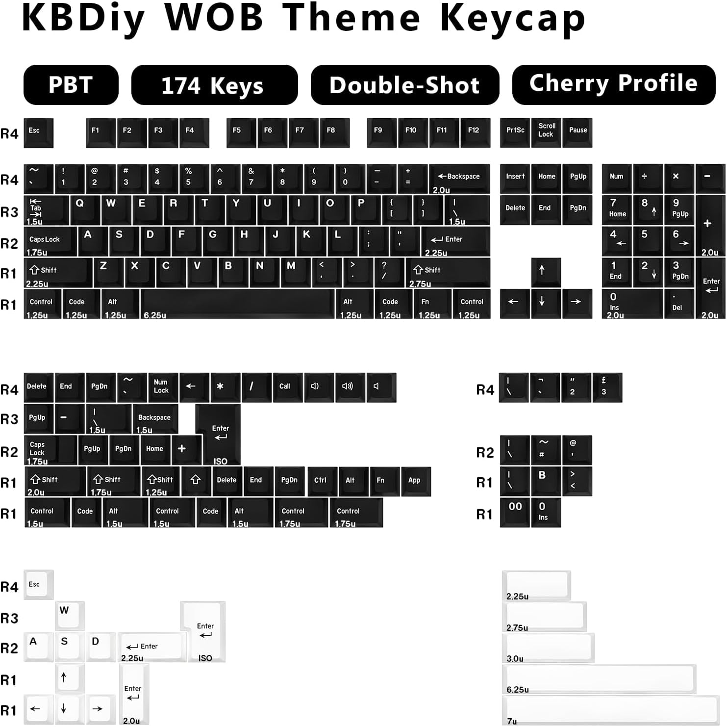 YTGRF-WOB PBT Double Shot Custom Keycap Set,174 Keys Black and White ...