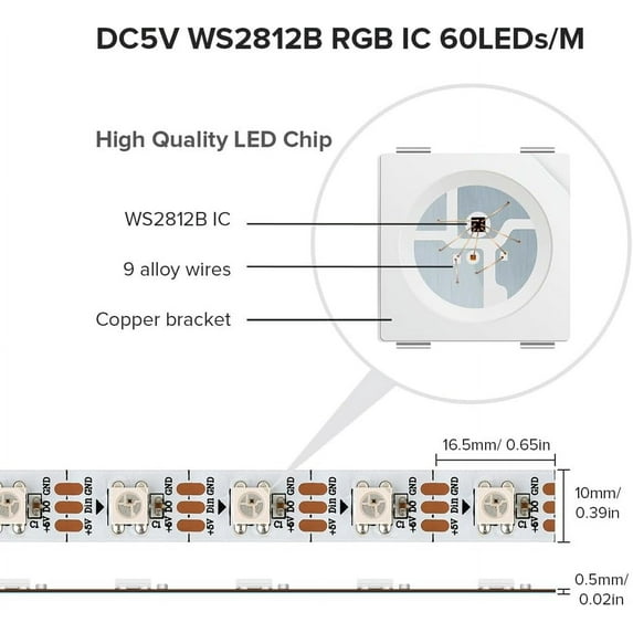 YTGRF-WS2812B LED Strip Light 3.3FT 60Pixel/M 60LEDs DC5V Individual ...