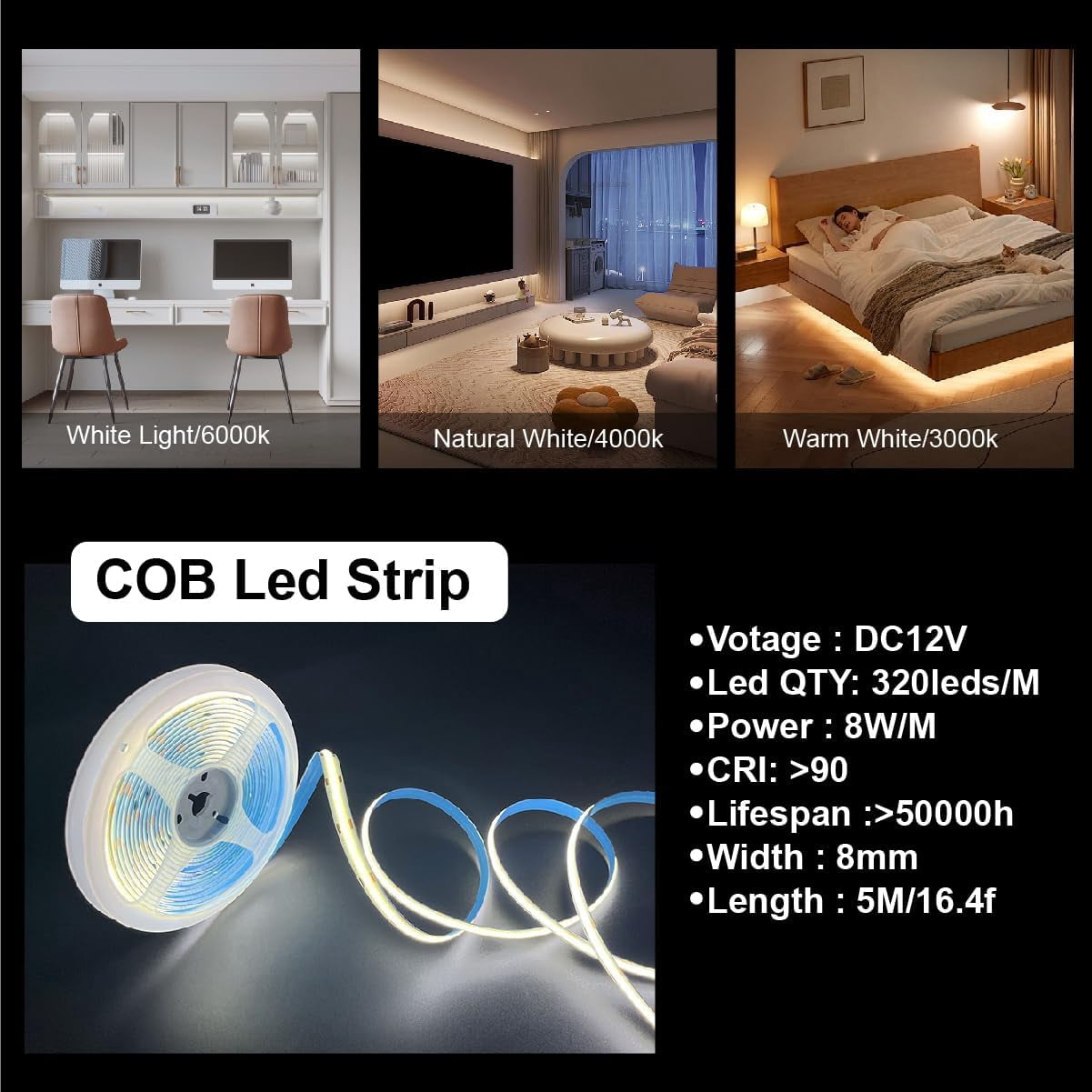 YTGRF-White COB LED Strip Lights, 16.4ft 6000K DC12V Dimmable LED Light ...