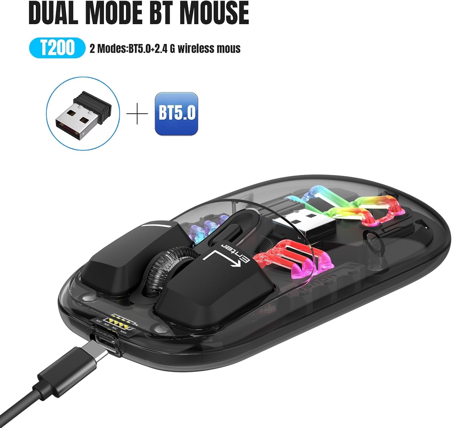YTGRF-Wireless Bluetooth Mouse, Transparent BT + 2.4G Dual-Mode ...