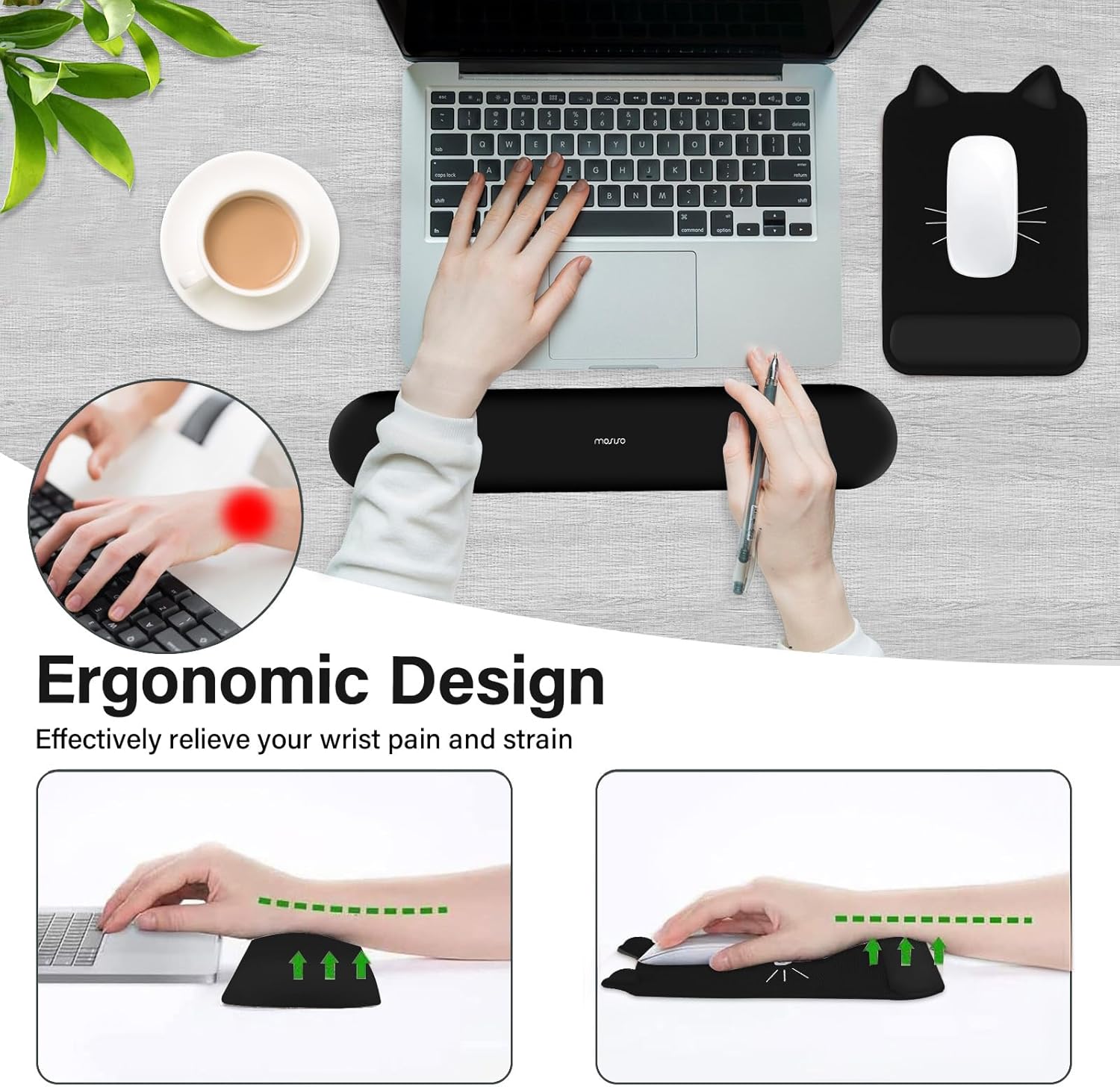 YTGRF-Wrist Rest Support for Mouse Pad&Keyboard Set, Cute Cat Ear Shape ...