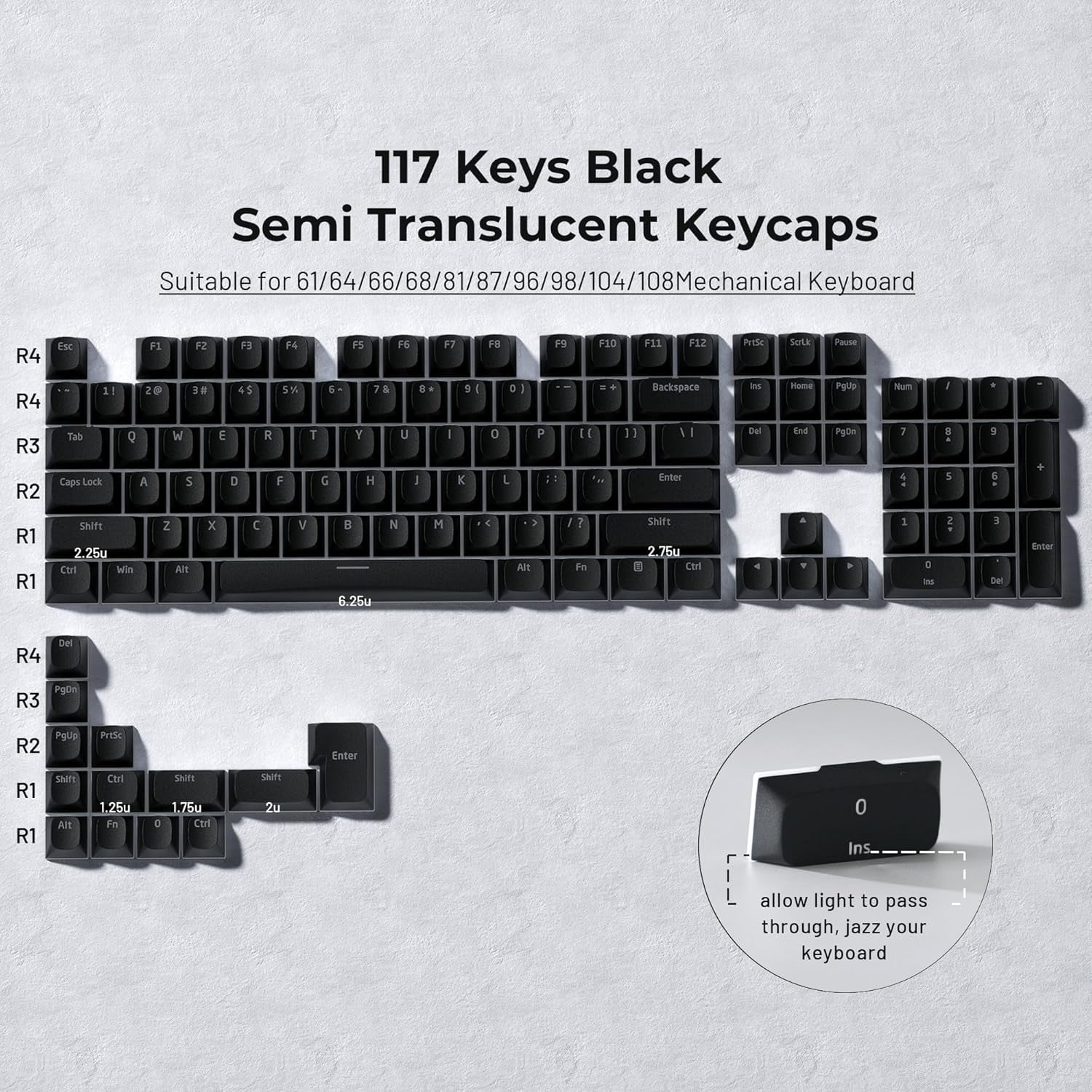 YTGRF-XVX Shine Through Keycaps, Black Semi Translucent Keycap Set ...