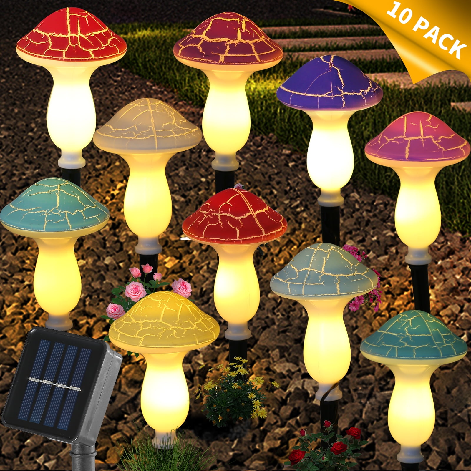 YTKUS 10 Pack Solar Garden Lights Outdoor Mushrooms Light Waterproof 8 ...