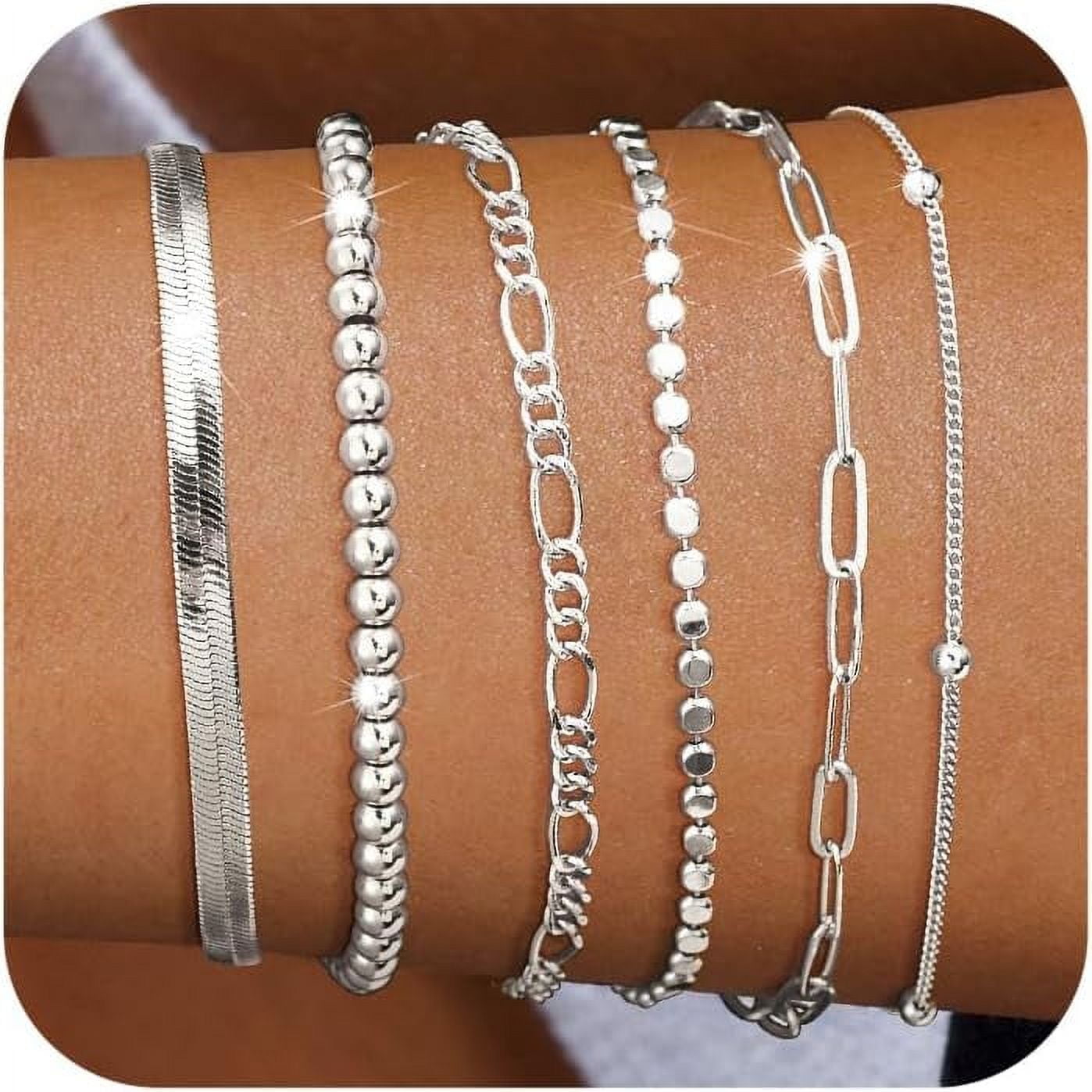 YTTAL Bracelet Stack Dainty Silver Chain Bracelets for Women Trendy ...