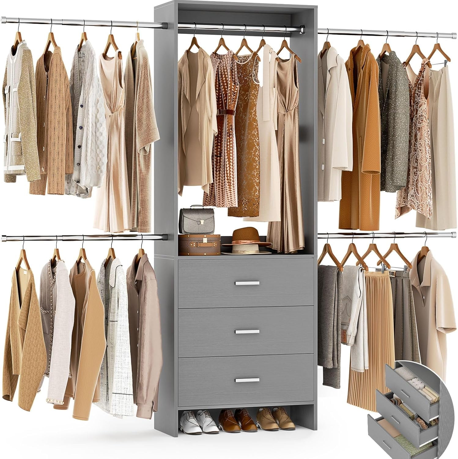 YTVHUB Closet System Closet Organizer with 3 Wooden Drawers Closet ...
