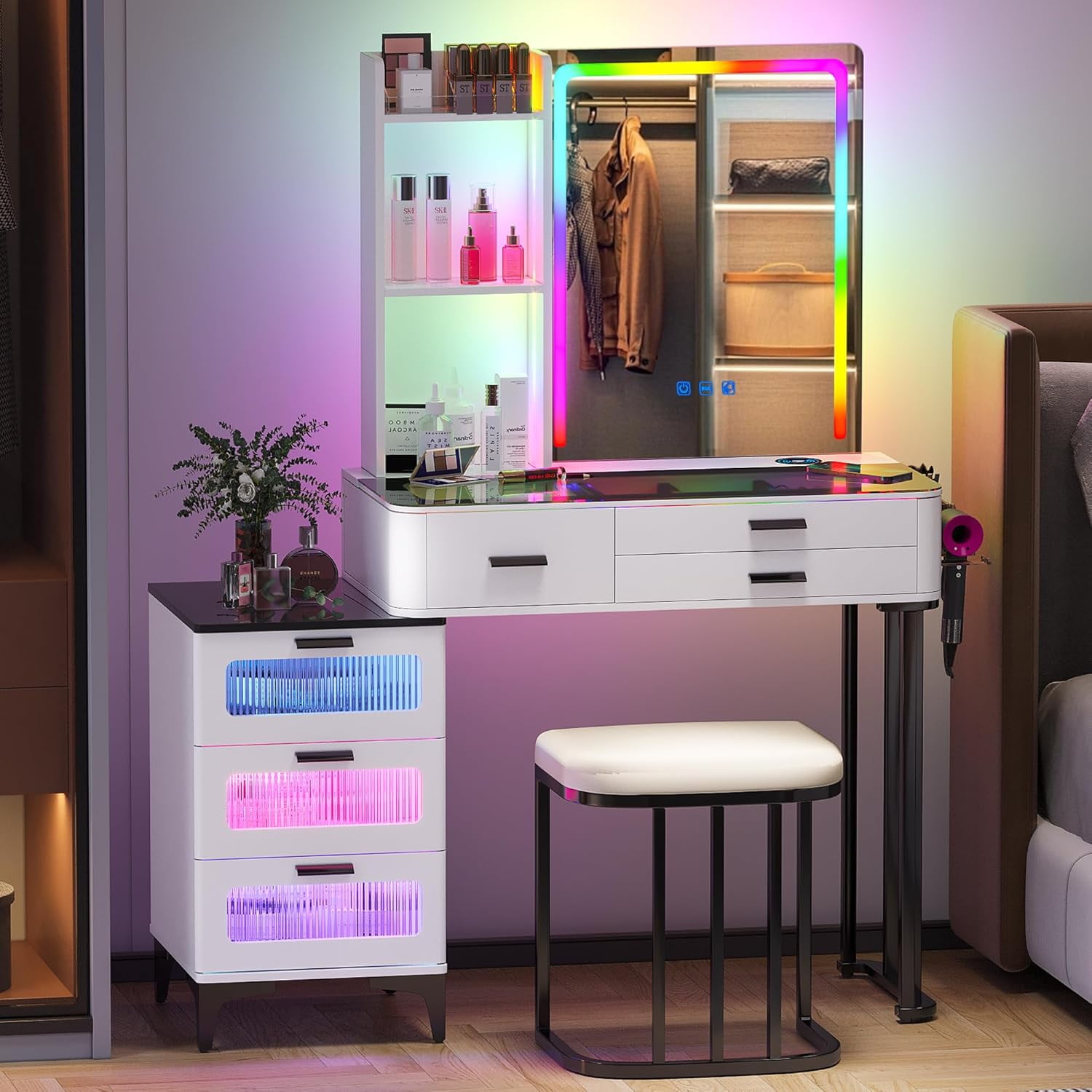 YTVHUB RGB Vanity Desk with Mirror and Lights Glass Top Makeup Vanity ...
