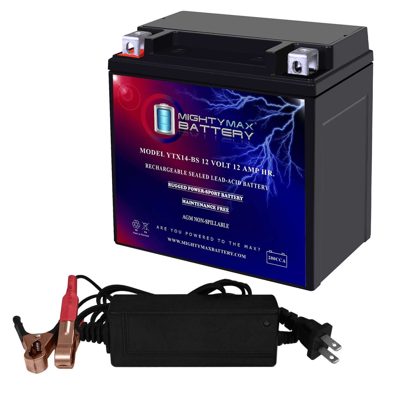 YTX14-BS Battery Replaces Deka ETX14 Powersport + 12V 2Amp Charger ...