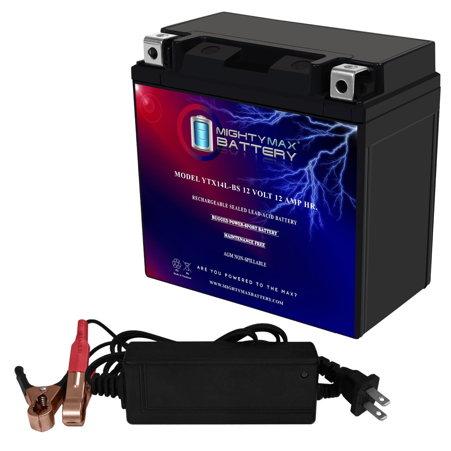 YTX14L-BS Battery Replaces XTAX14L-BS, BTX14L + 12V 2Amp Charger ...