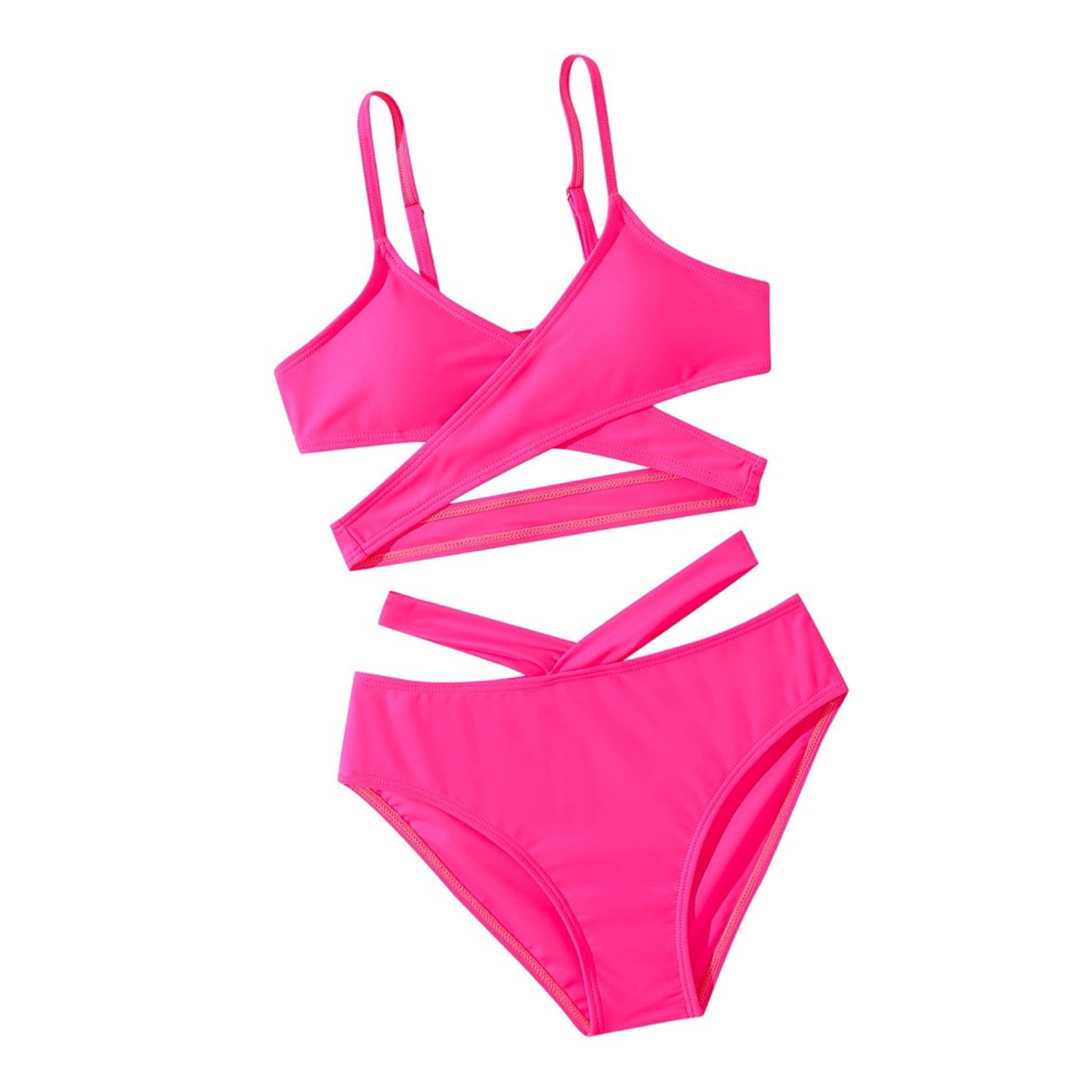 Yuanzi Girls Swimsuits Allover Solid Color Criss Crossbikini Set Two