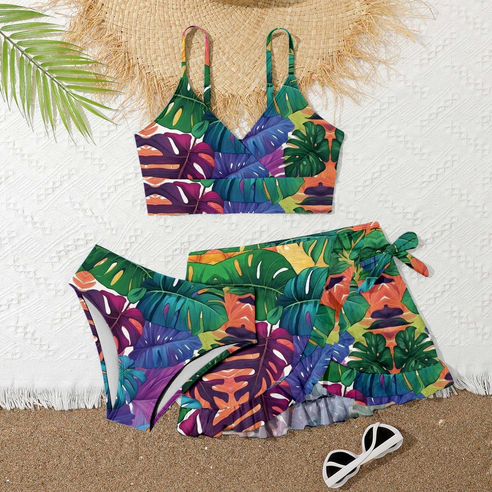 YUANZI Kids Swimsuits Kids Beach Floral Print 3 Piece Swimsuit Set For ...