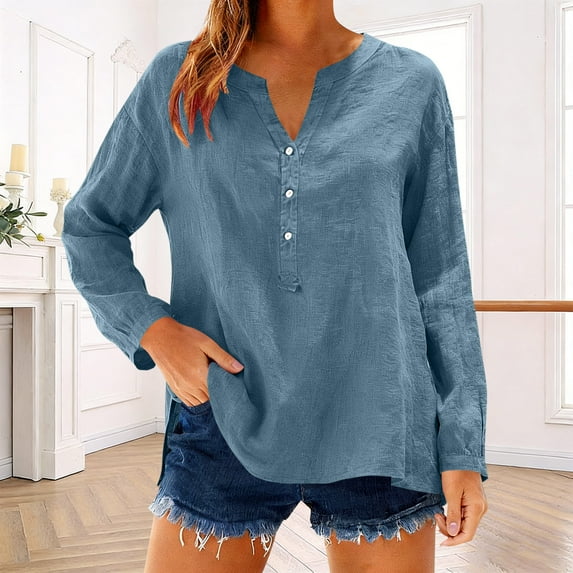 YUANxueke Womens Cotton Linen Shirts Button V Neck Tunic Tops Casual ...