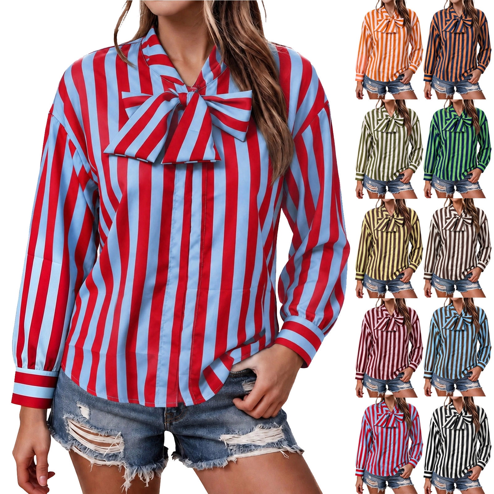 YUANxueke Womens Long Sleeve Tie Bow Neck Striped Blouse Casual Trendy ...