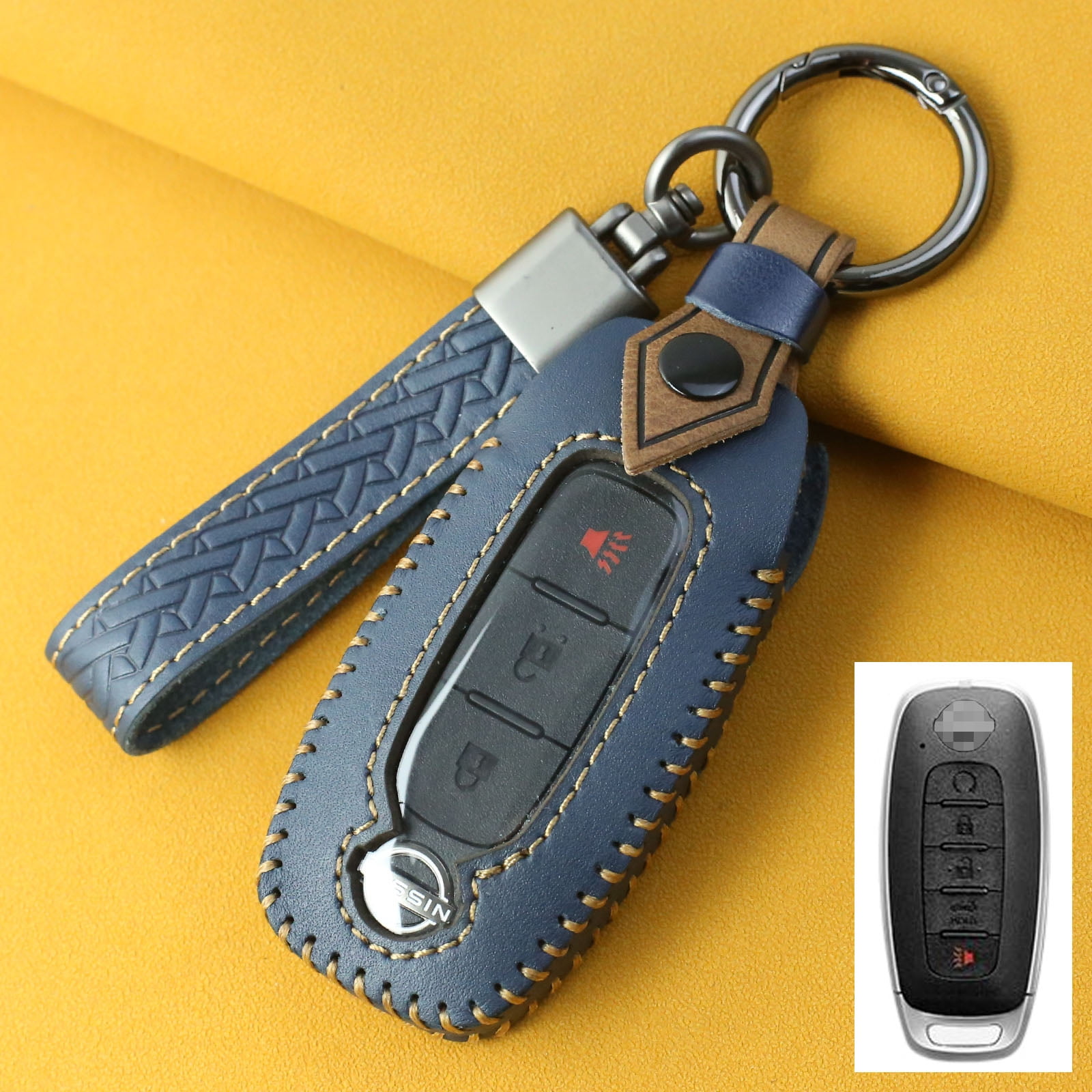 YUBOMT Key Fob Cover, Genuine Leather Key Case with Keychain, Blue ...