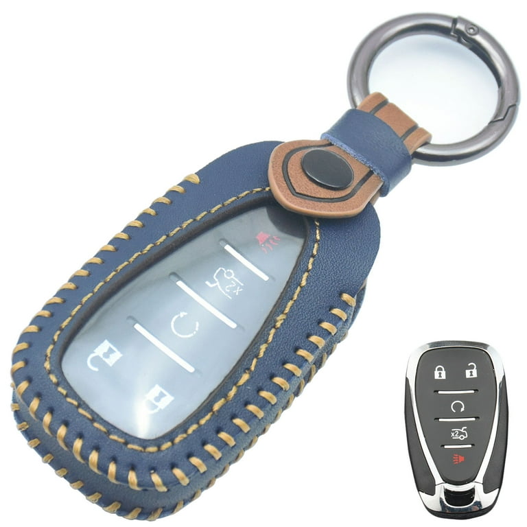 YUBOMT for Chevy Key Fob Cover Genuine Leather Keychains for Chevrolet Equinox Malibu Cruze Camaro Tahoe Silverado Traverse Blazer Sonic Blue