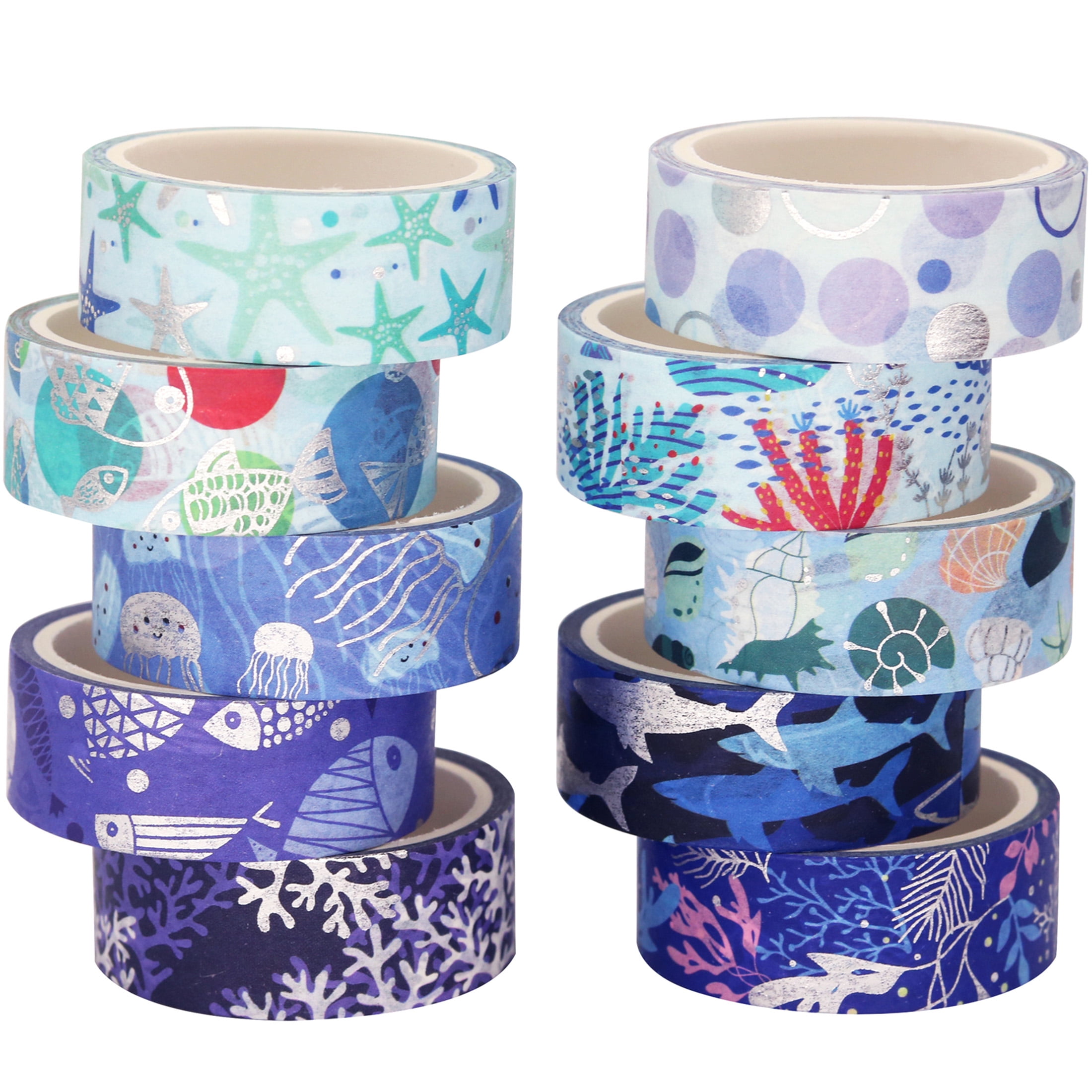YUBX 10-Roll Pack Ocean Blue & Silver Foil Washi Tape for Arts, Crafts ...