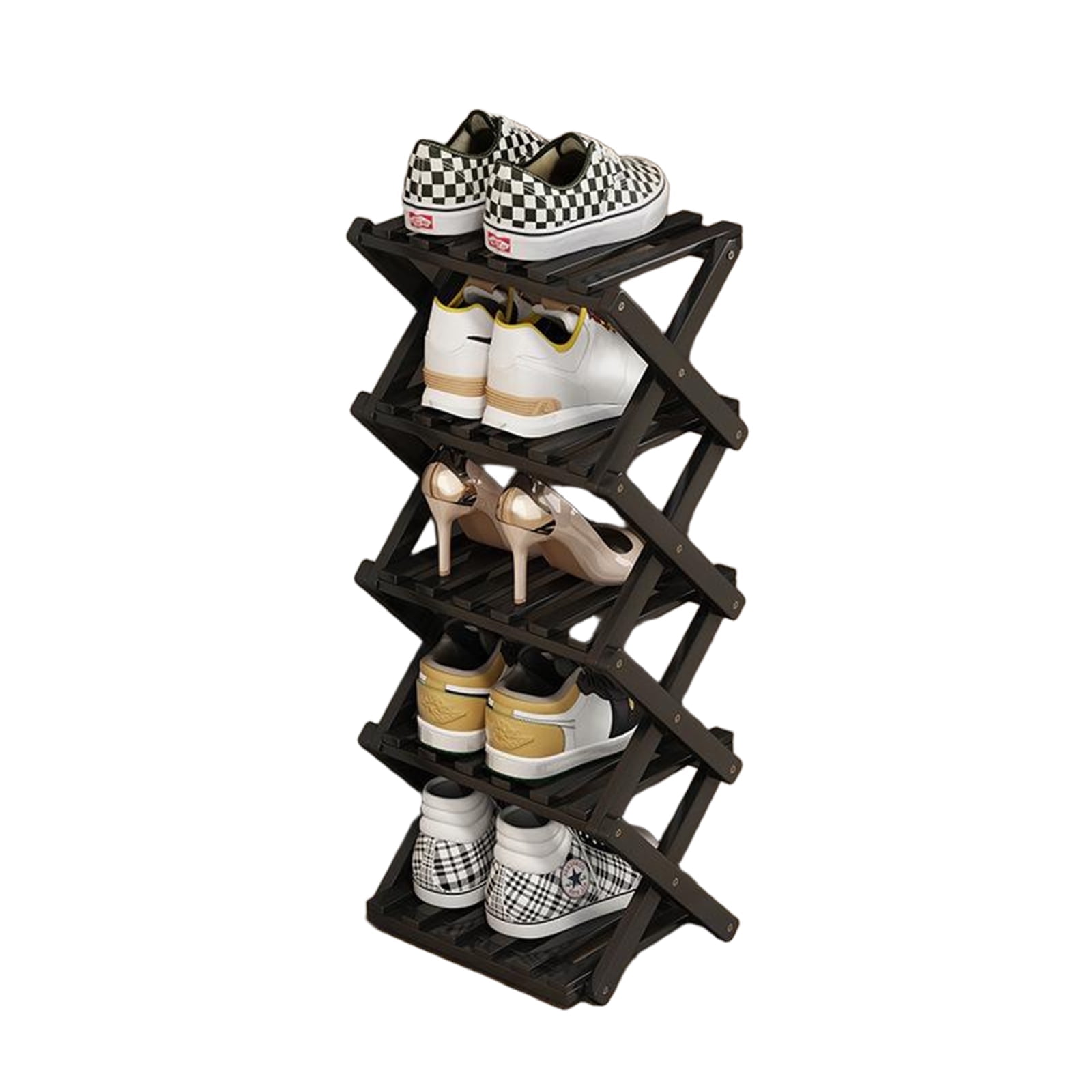 YUCHANG Foldable 5-Layers Black Shoes Rack-Bamboo Shoes Organizer for ...