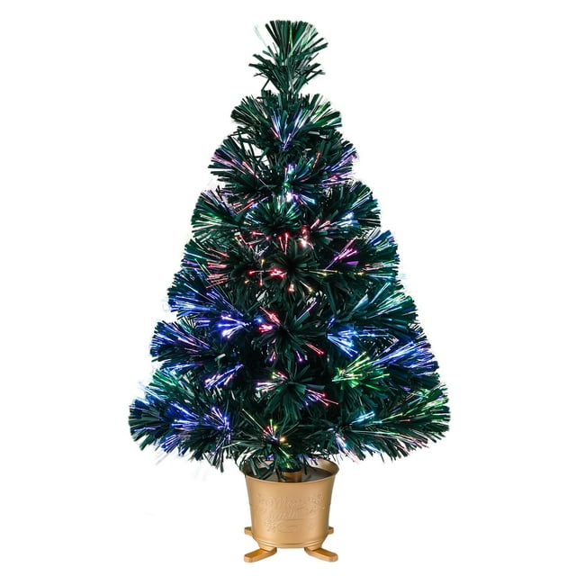 YUETJIN 24 Pre-lit Mini Fiber Optic Tabletop Artificial Christmas Tree with LED Lights in with ...
