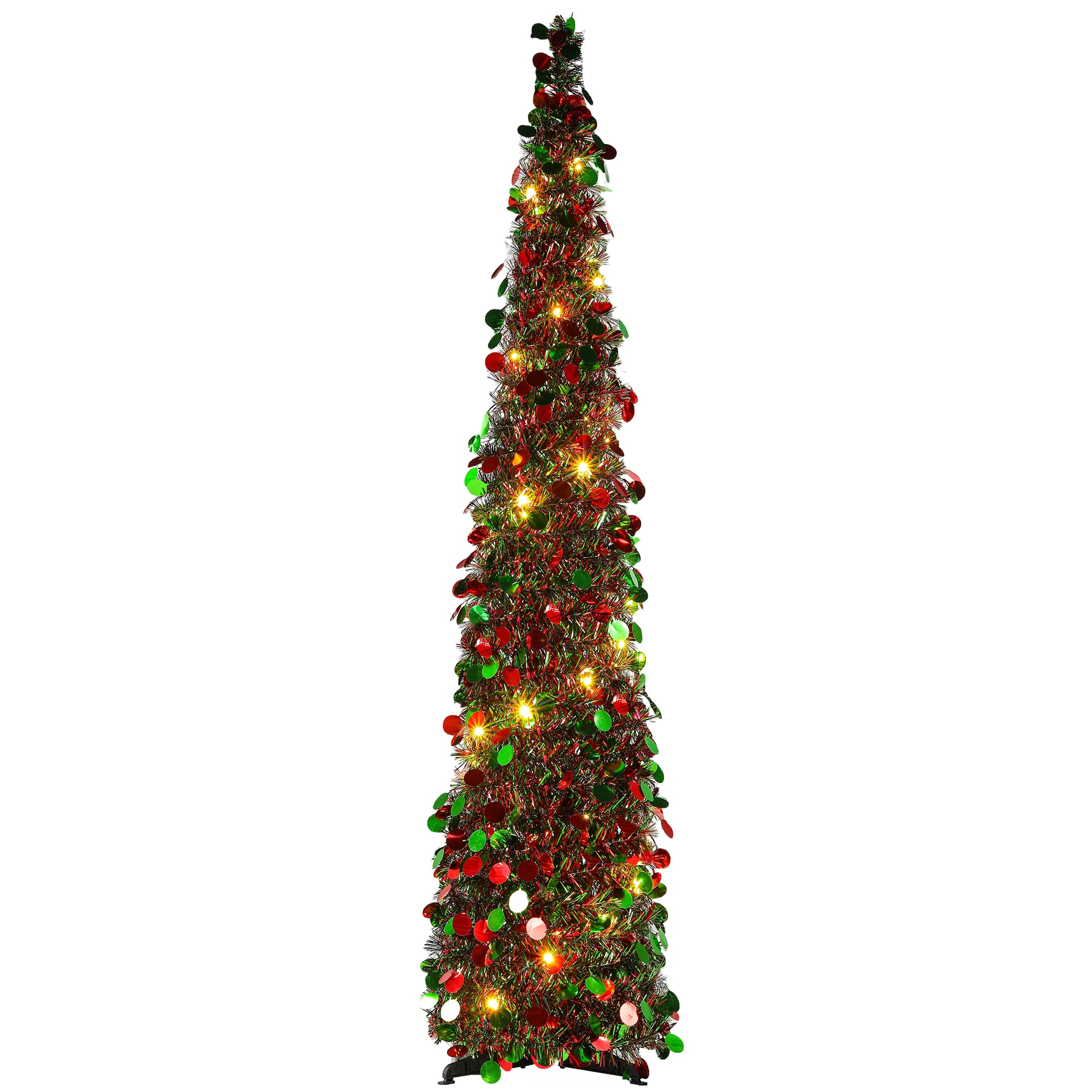 YUETJIN 5.0 ft KD Pop up Christmas Tinsel Tree with 35 Lights and Built ...