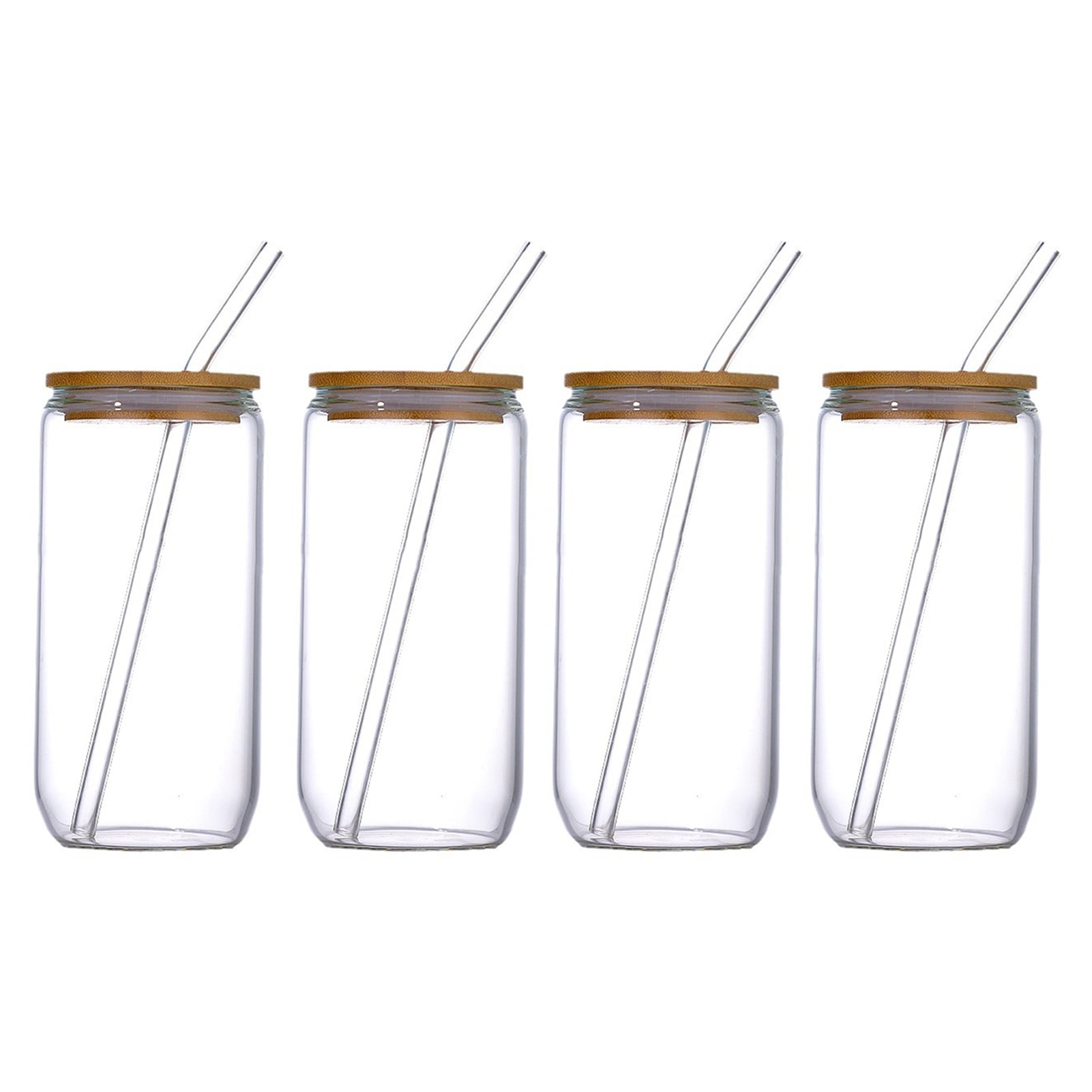 YUEWAN 4 Pack Glass Cup with Bamboo Lid Brushes Straw, 16oz Can Shaped ...
