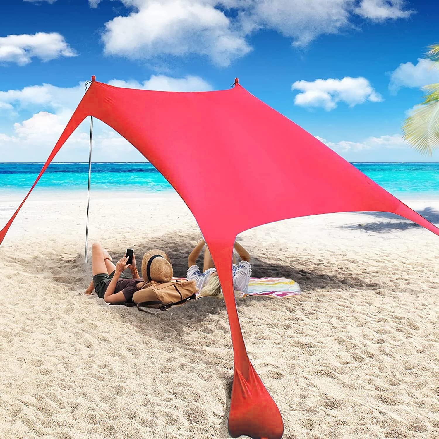 YUEWO Beach Canopy Sun Shade with UPF 50+ UV Protection, Beach Tent Sun Shelter with Sandbags ...