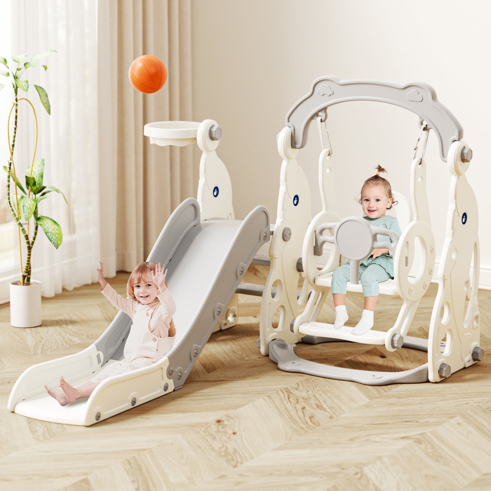 YUFU 4-in-1 Toddler Slide & Swing Set for Kids Age 1-3 with Basketball ...