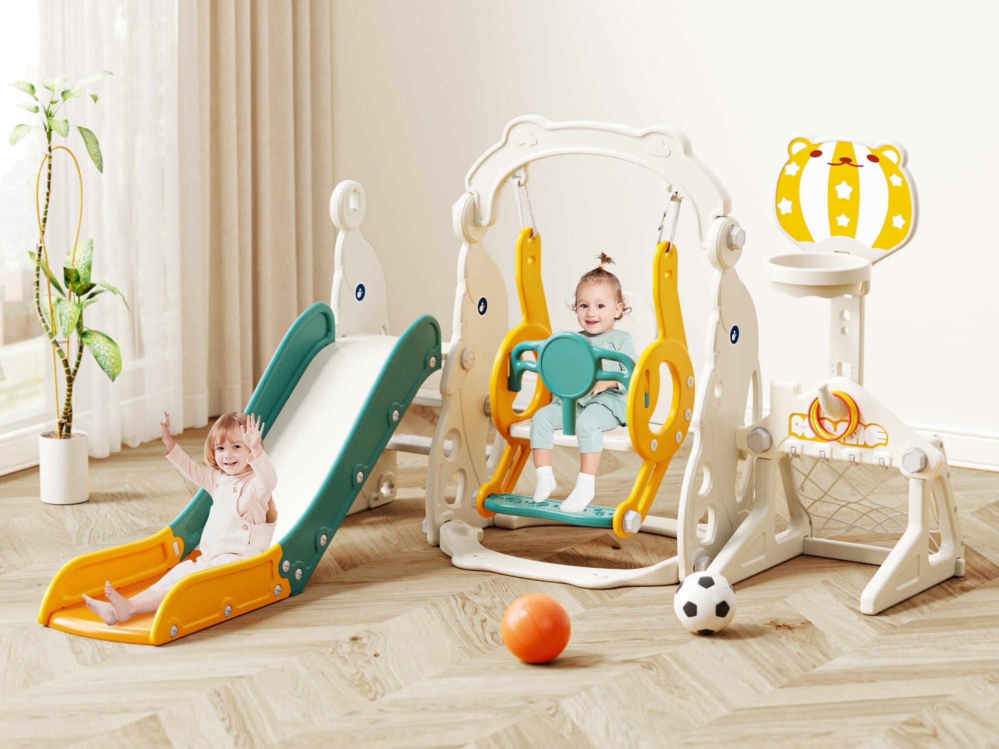 YUFU 6 In 1 Toddler Slide & Swing Set for Kids 1+ with Swing Football ...