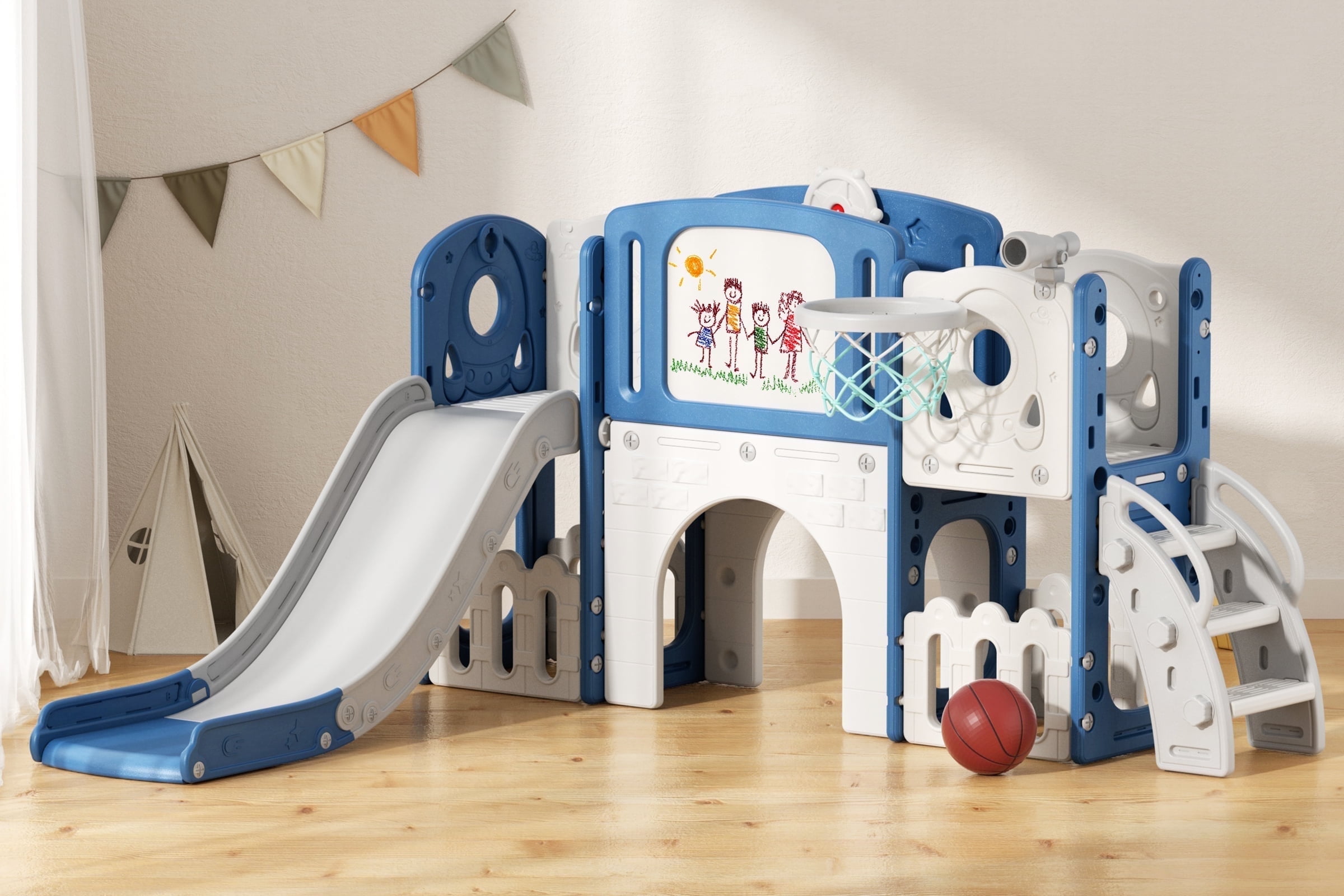 YUFU 9-in-1 Toddler Slide for Kids Age 1-3 with Drawing Board Baskeball ...