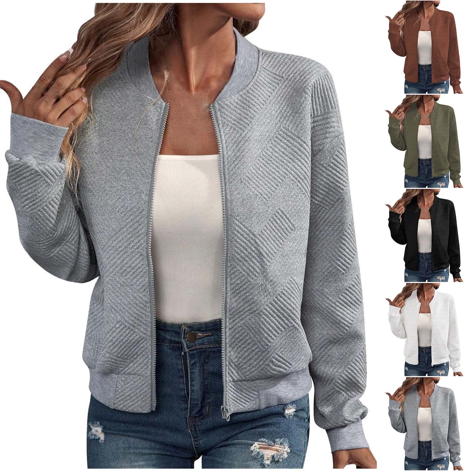 YUGYXL Casual Jacket for Women Trendy Solid Color Full-Zip Bomber ...