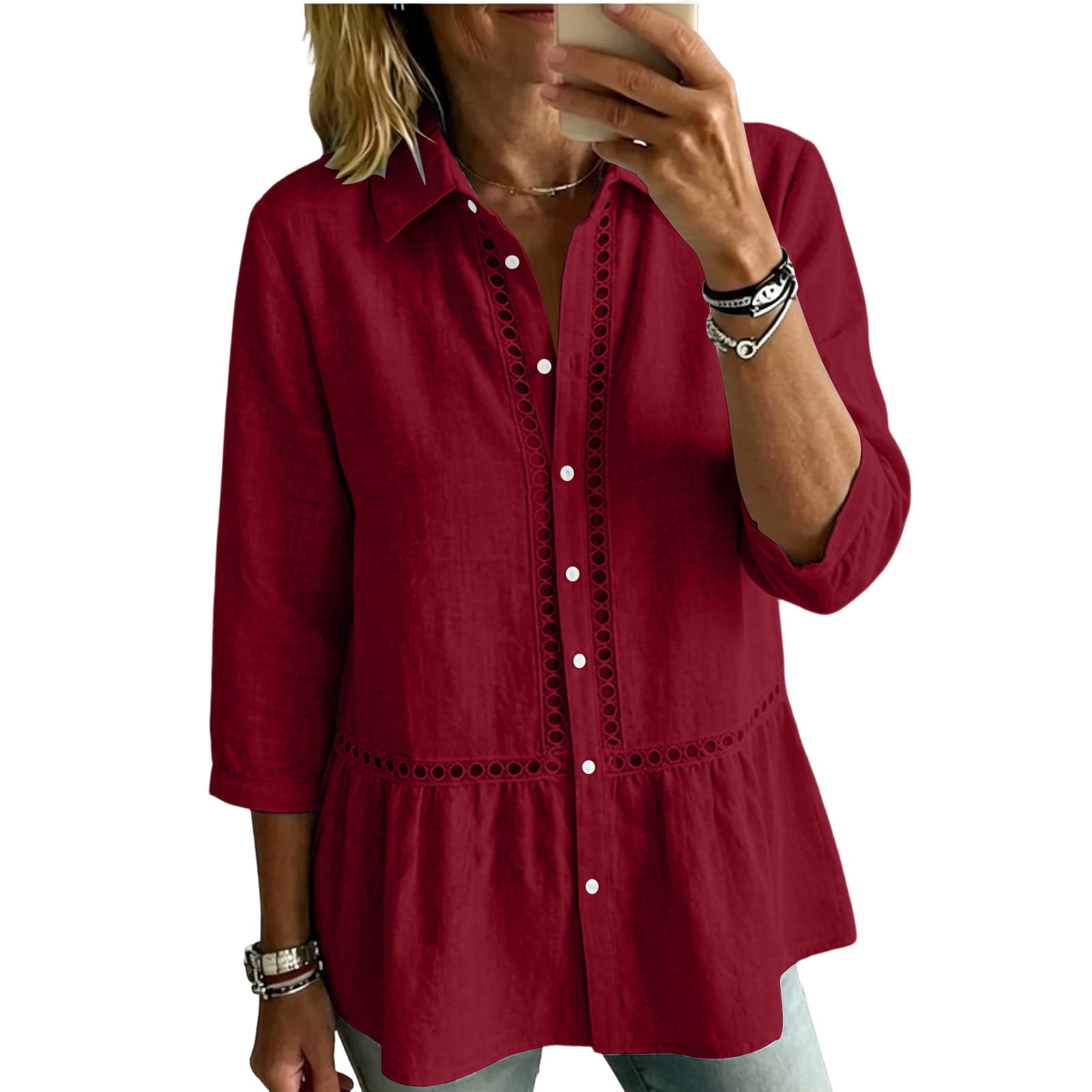 YUGYXL Eyelet Lace Button Down Shirts Women 3/4 Sleeve Collared Neck ...