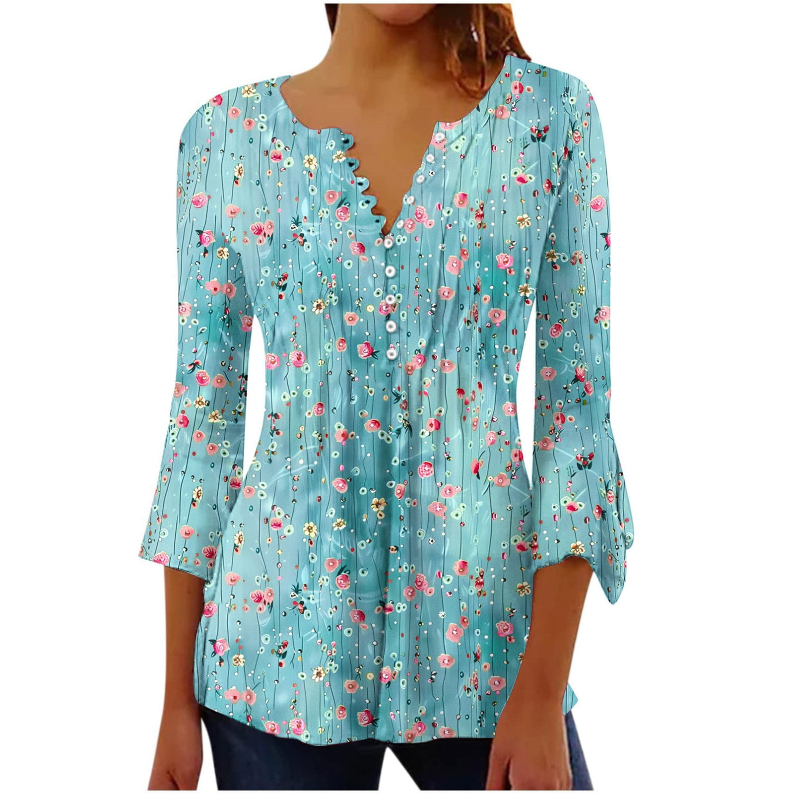 YUGYXL Ladies 3/4 Sleeve Tshirts Button V Neck Ruffle Flowing Shirts ...