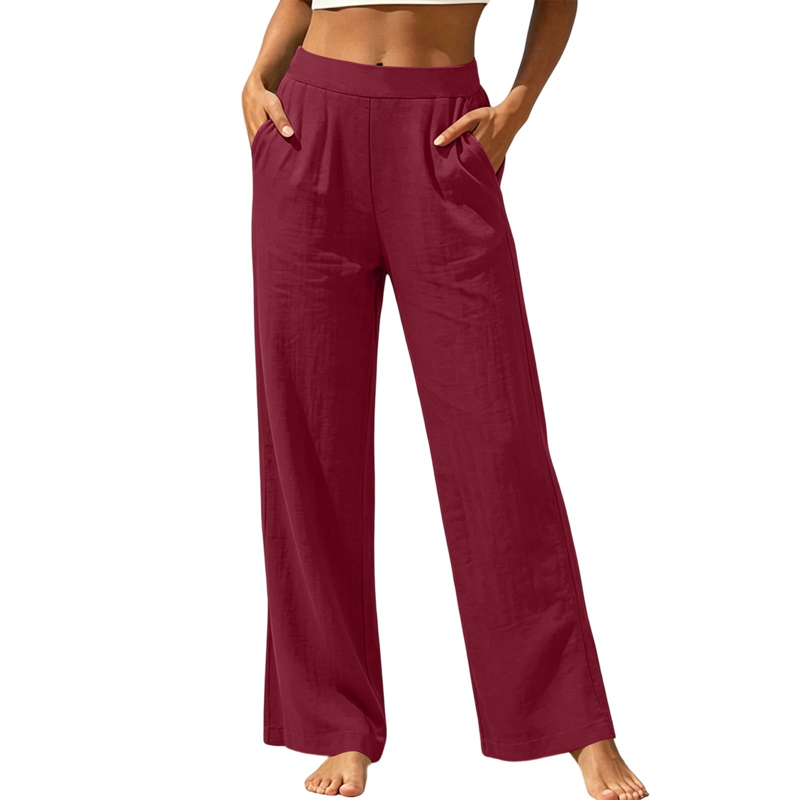 YUGYXL Linen Pants for Women Summer Plus Size Elastic Waist Wide Leg ...