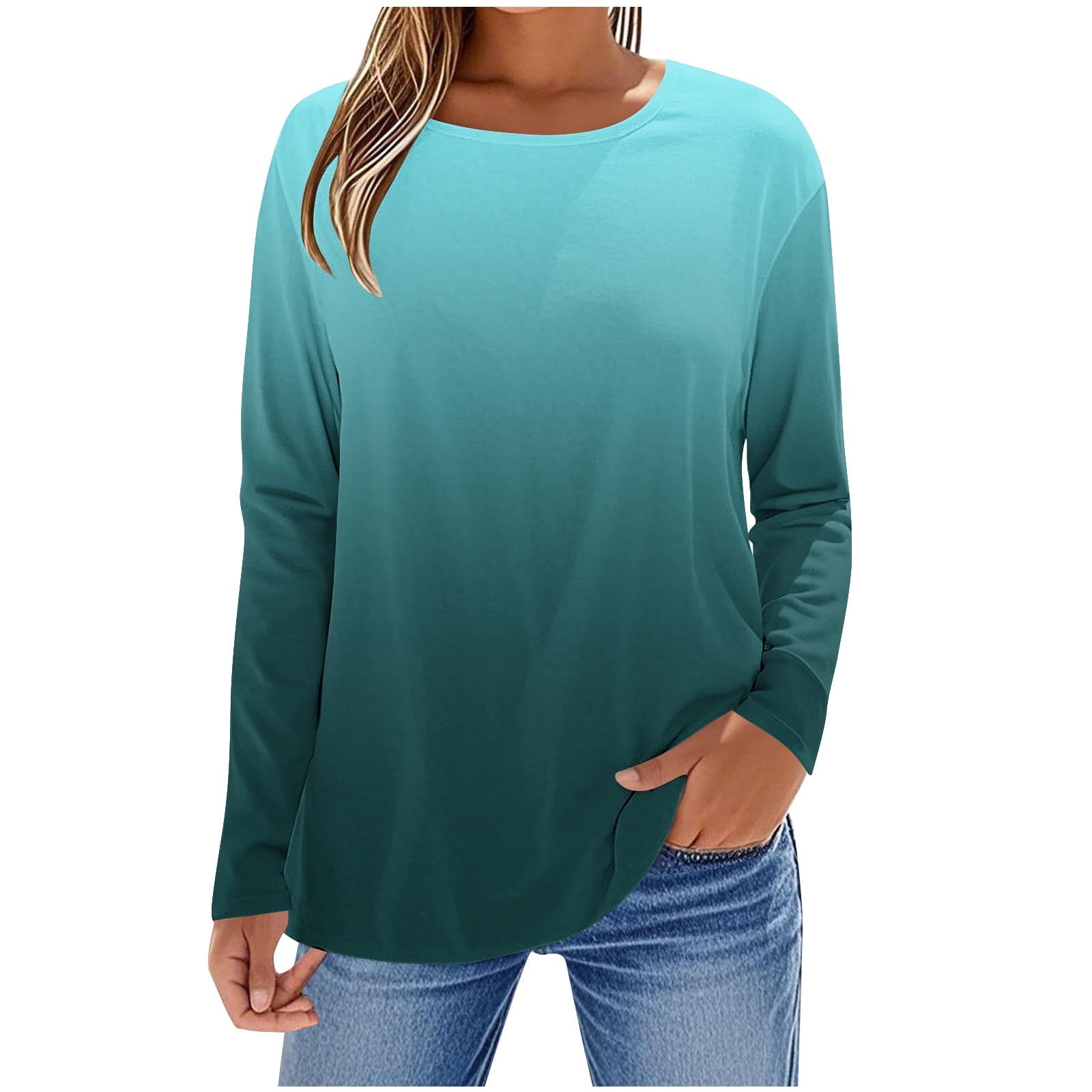 YUGYXL Long Sleeve Blouse for Women Gradient Color Tunic Top Shirt ...