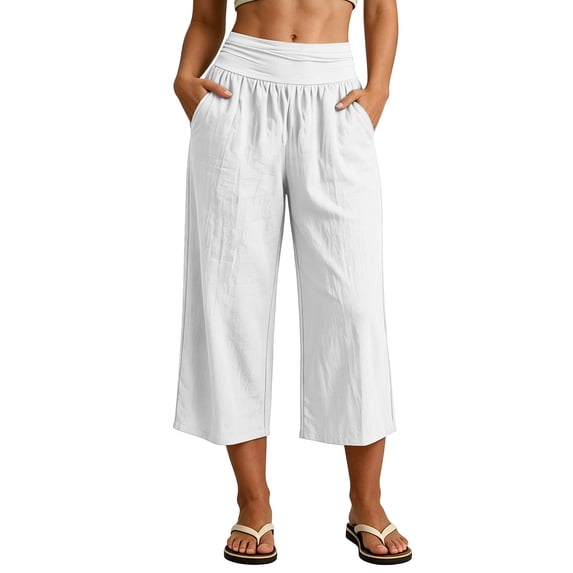 YUGYXL Pants for Women Plus Size Wide Leg Cropped Fold Over Flare Capri ...