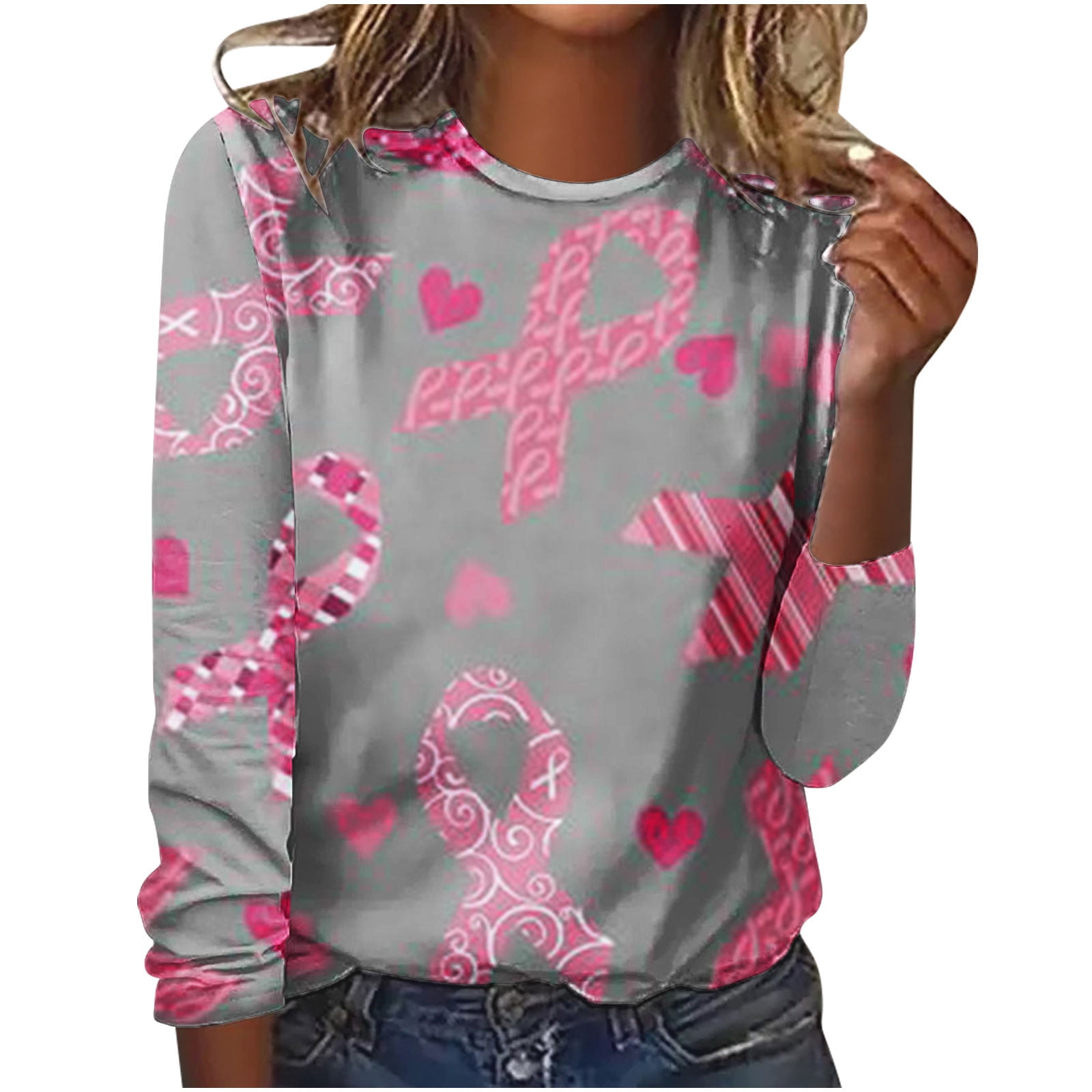 YUGYXL Pink Ribbon Breast Cancer Shirt for Women Casual Round Neck Long ...