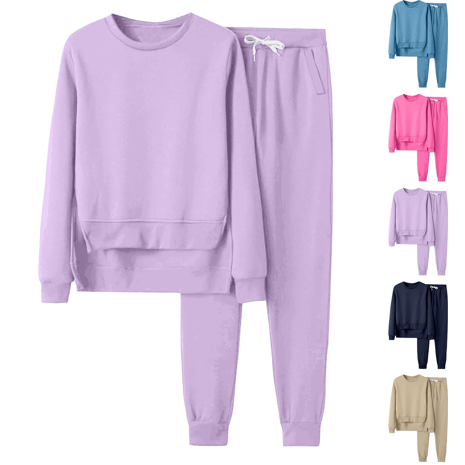 YUGYXL Sweatsuits for Women 2 Piece Fashion Solid Color Thin Fleece Set Casual High Low Hem Side ...