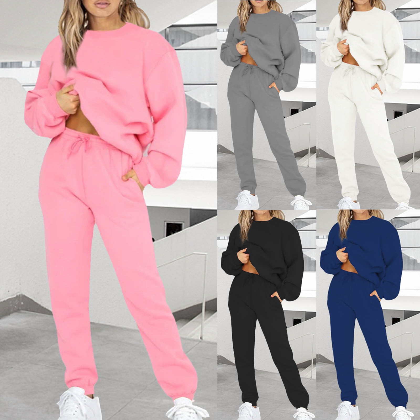 YUGYXL Sweatsuits for Women Set 2 Piece Oversize Thin Fleece Outfits Casual Solid Color Crewnwck ...