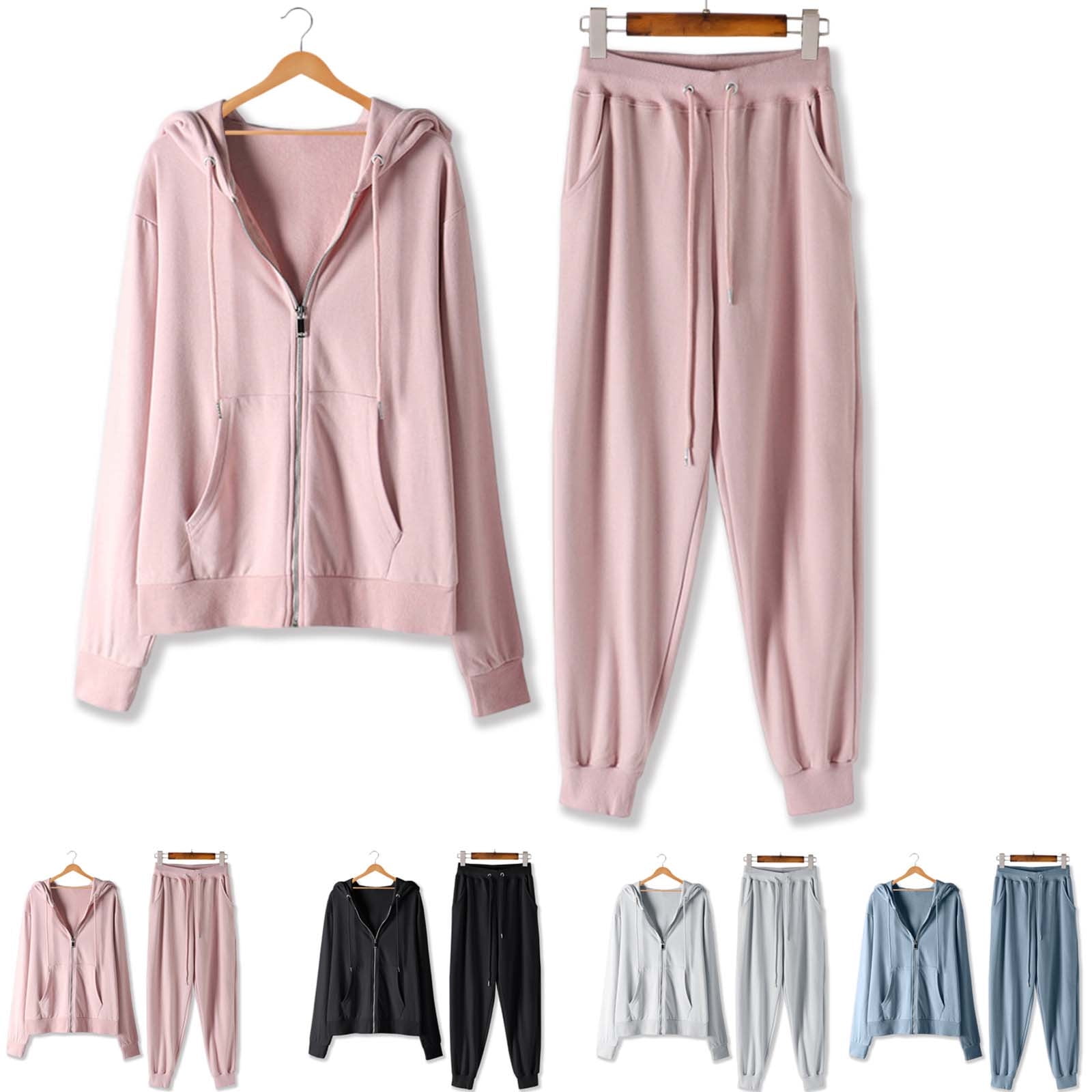 YUGYXL Two Piece Cotton Sweatsuit for Women Solid Color Zip Up Hoodie ...