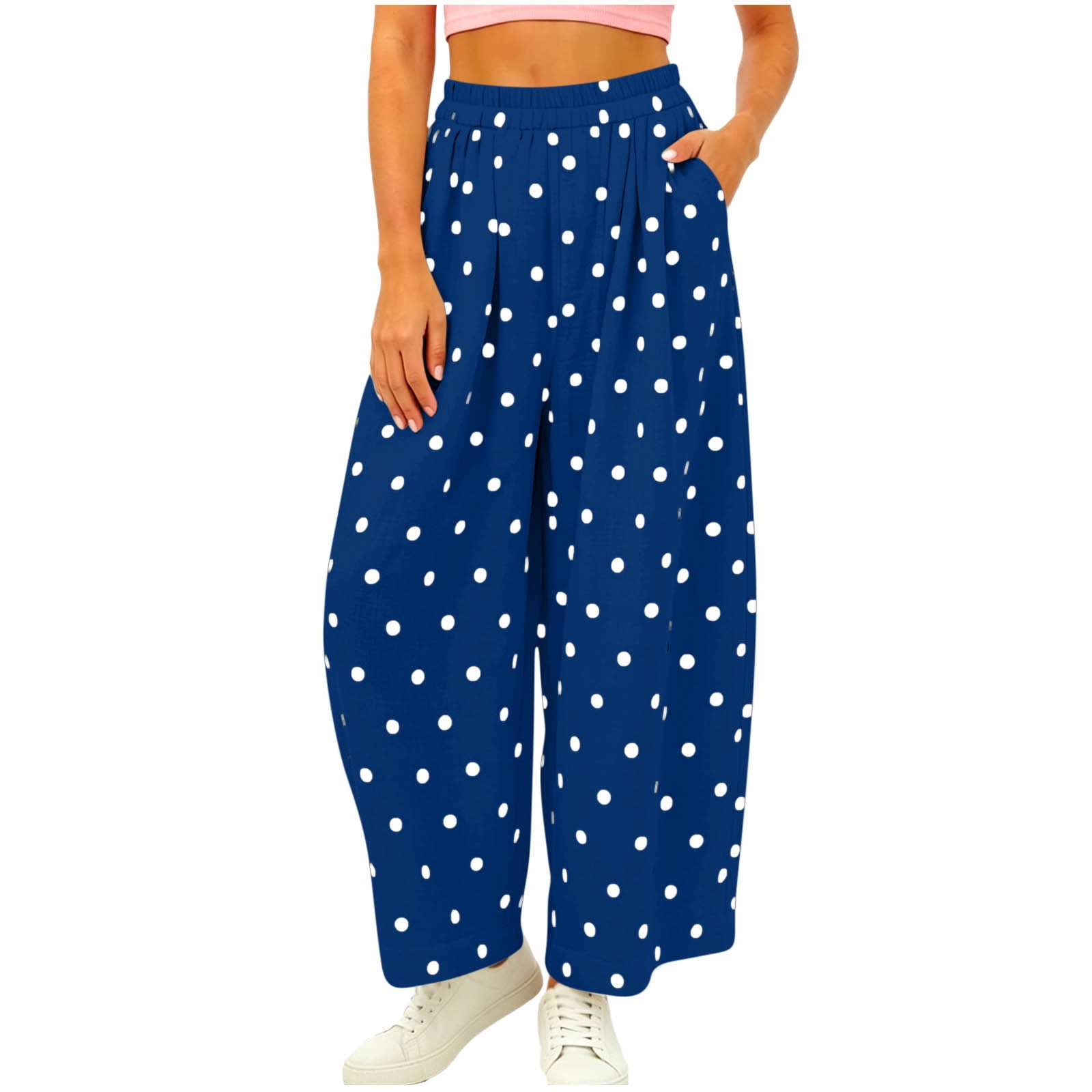YUGYXL Women Summer Boho Cotton Linen Polka Dot Pants Beach Elastic ...