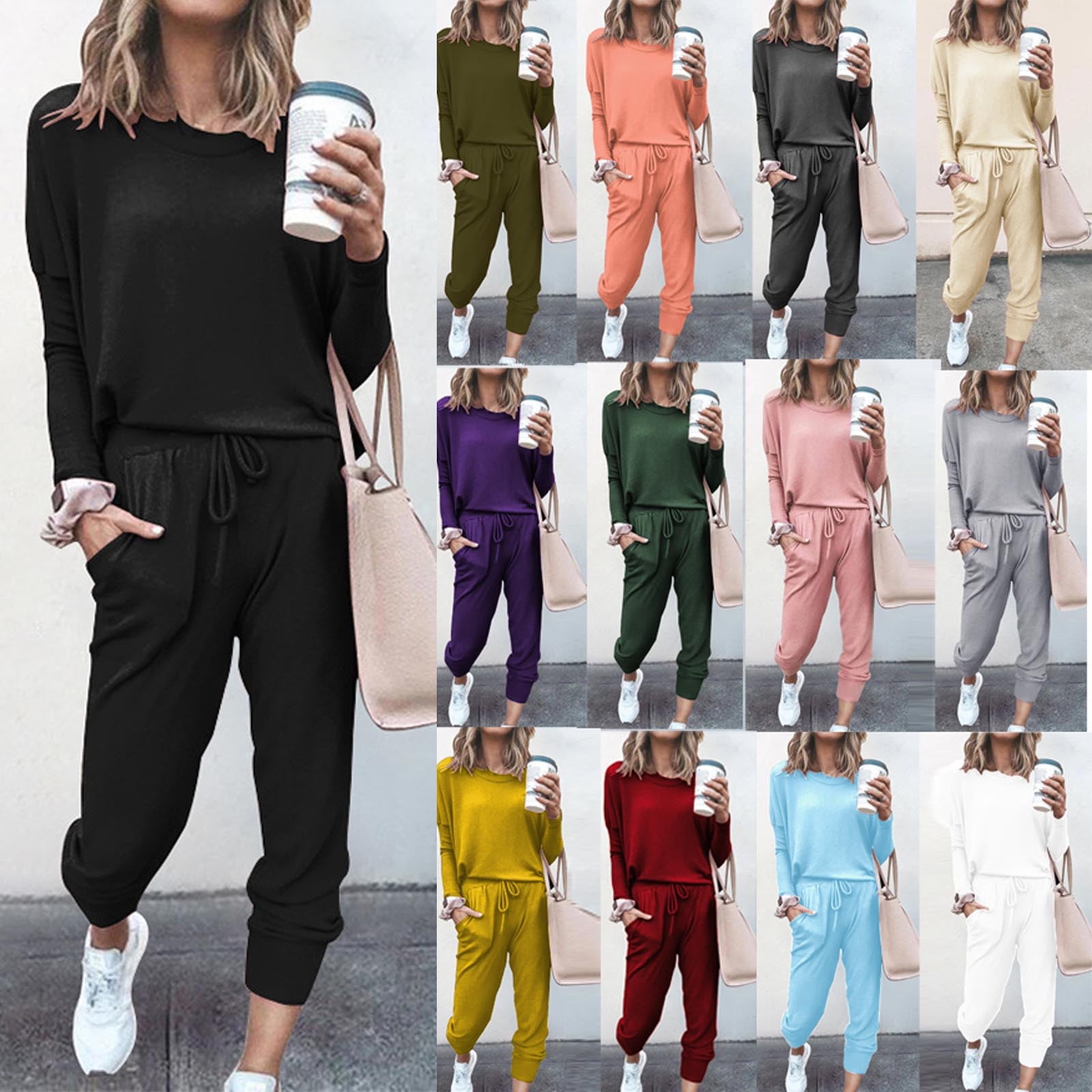 YUGYXL Women Tracksuits 2 Piece Set Lightweight Comfy Solid Color Sweatsuits Plus Size Crewneck ...