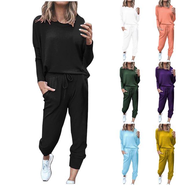 YUGYXL Women Tracksuits 2 Piece Set Lightweight Comfy Solid Color Sweatsuits Plus Size Crewneck ...