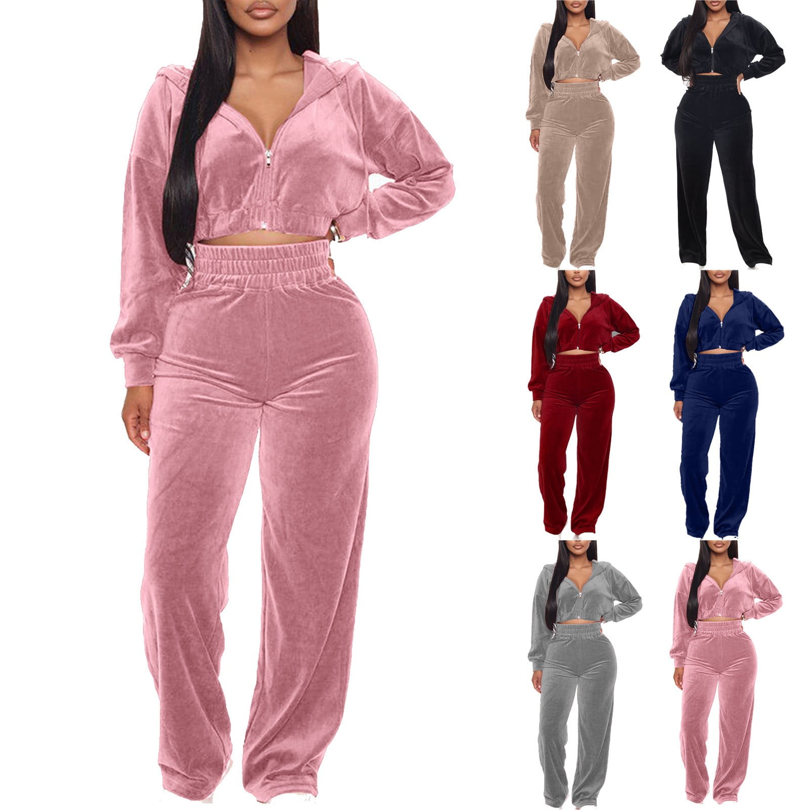 YUGYXL Women Velour Sweatsuits 2 Piece Tracksuit Sets Full Zip Cropped Hoodie Sweatshirt Jacket ...