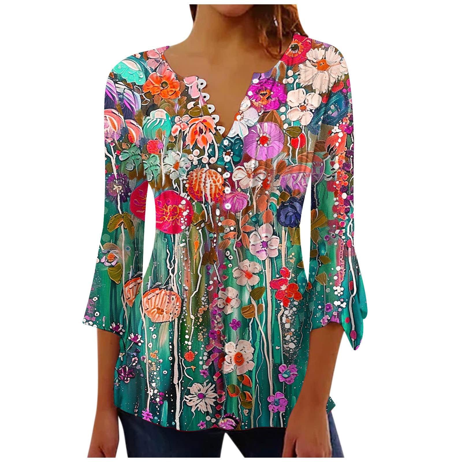 YUGYXL Women's 3/4 Bell Sleeve Tunics Summer Button V-Neck Ruffled ...