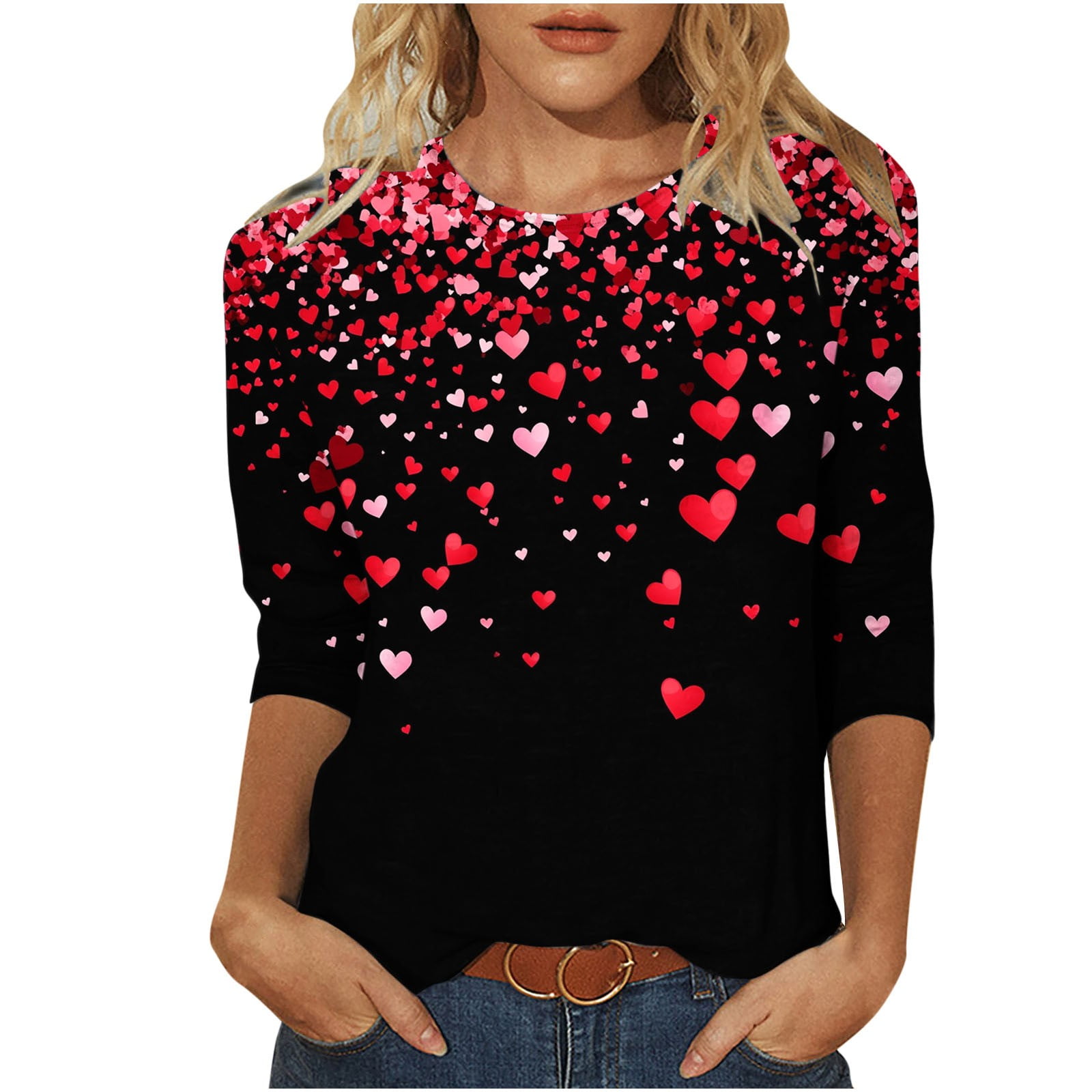 YUGYXL Women's 3/4 Sleeve Blouse Fashion Heart Print Graphic Tees Lightweight Crew Neck Tunic ...