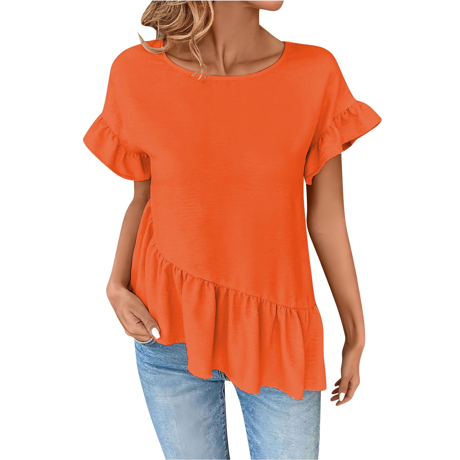 YUGYXL Women's Linen Shirt Cute Flowy Hem Short Sleeve Blouses Summer ...