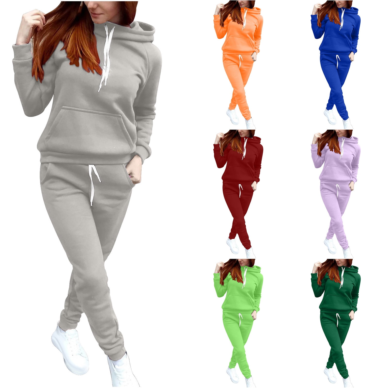 YUGYXL Womens 2 Piece Outfits Casual Thin Fleece Sweatsuit Solid Hoodie ...
