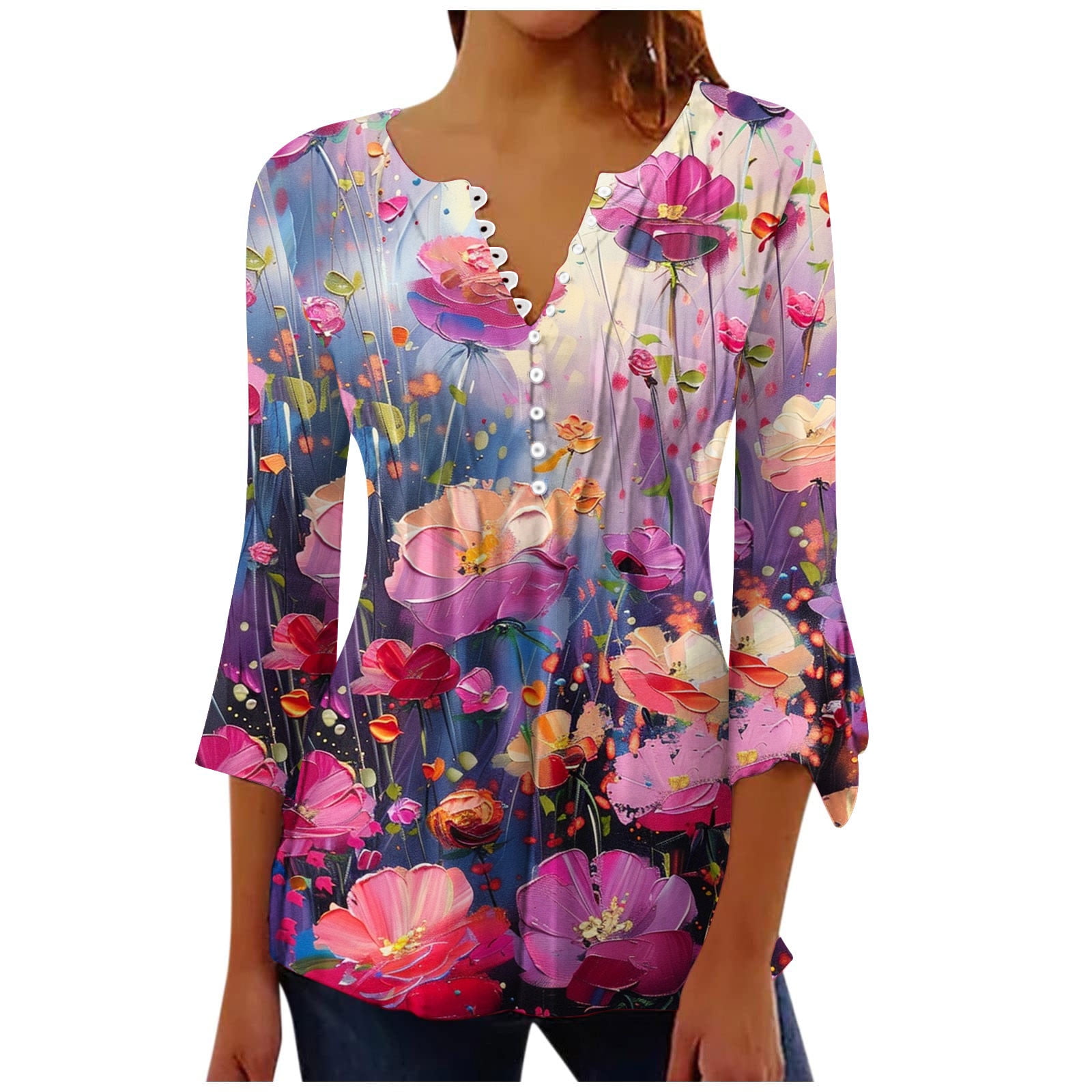 YUGYXL Womens 3/4 Bell Sleeve Button V-Neck Tunics Casual Lightweight ...